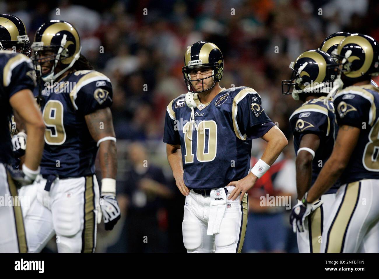 St. Louis Rams quarterback Marc Bulger is seen during a timeout in the ...