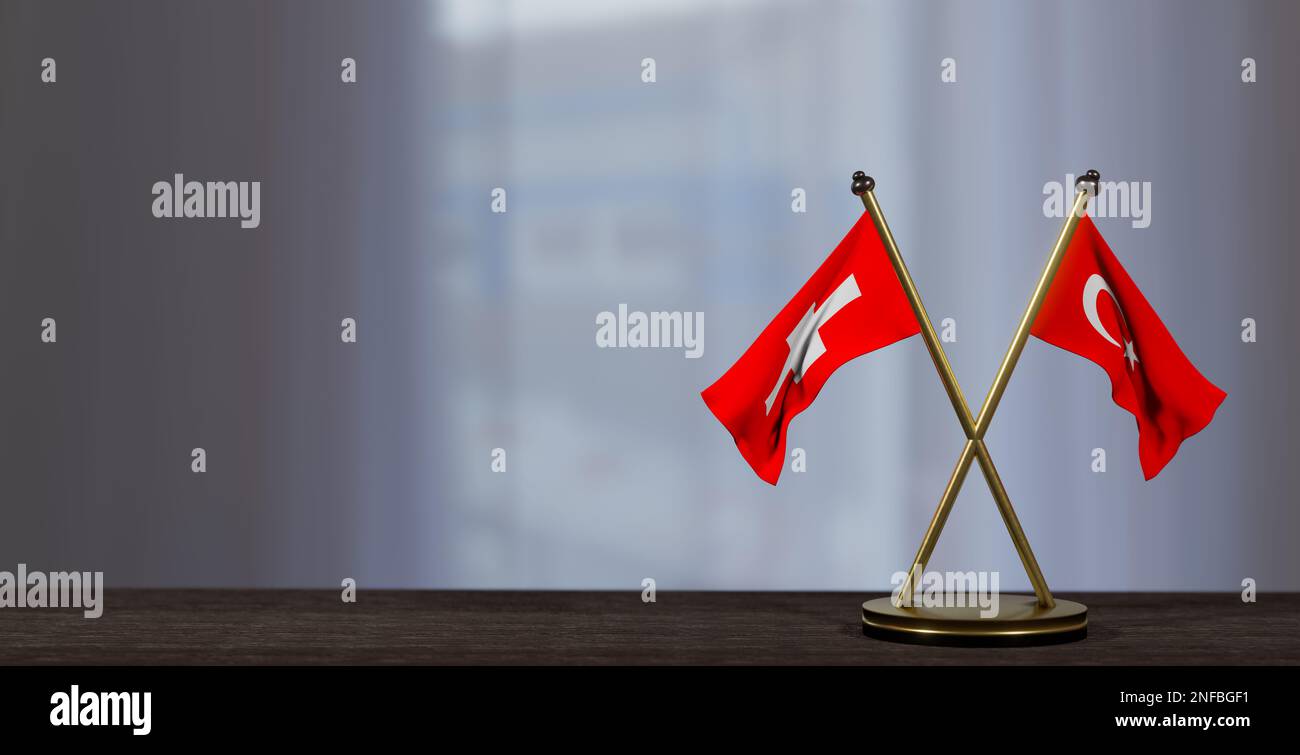 Switzerland and turkey flags on table. Negotiation between Switzerland ...