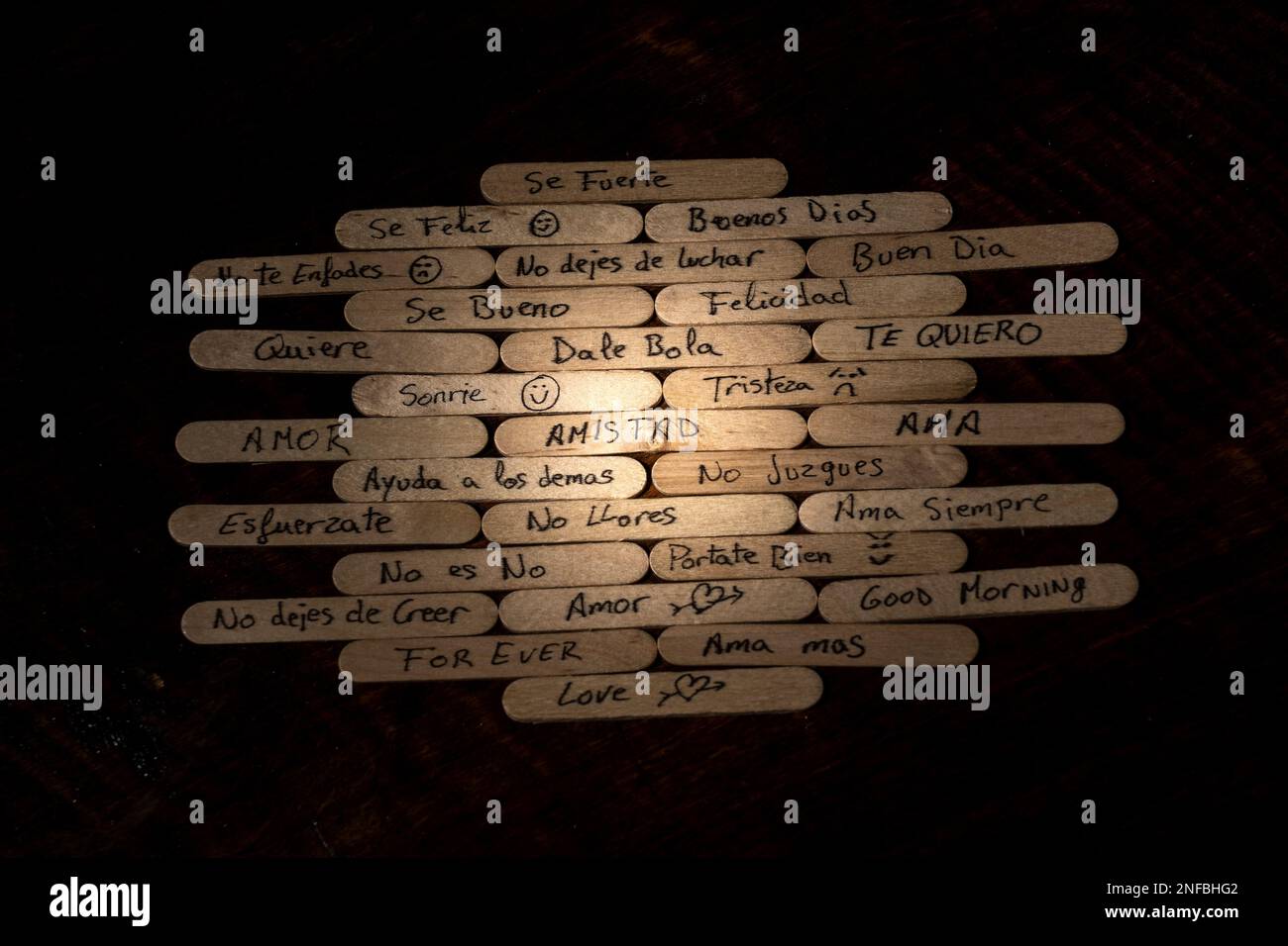Closeup of array of wooden sticks labeled with names Stock Photo - Alamy