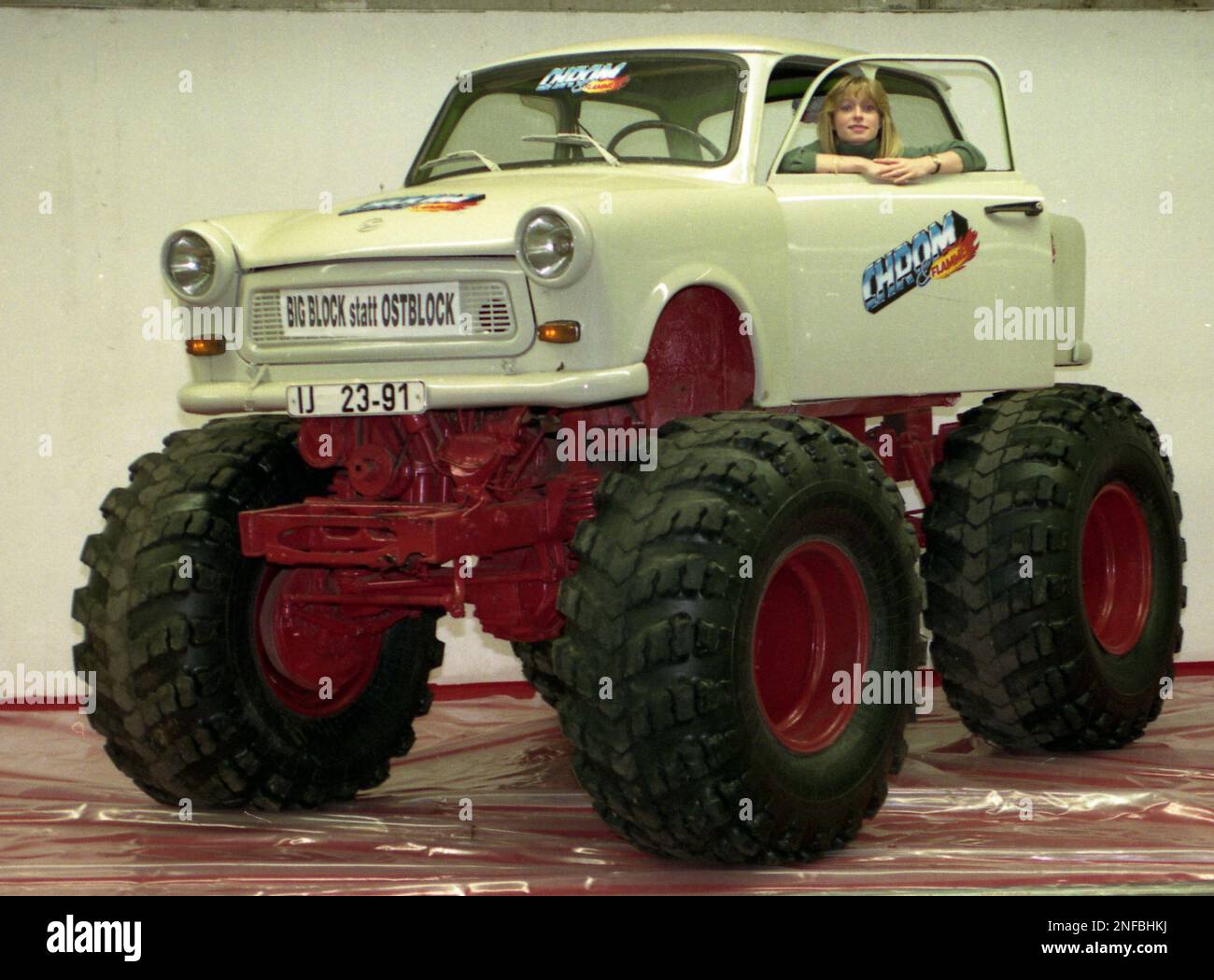 The body of a Trabant car is mounted on an undercarriage of an "Unimog ...