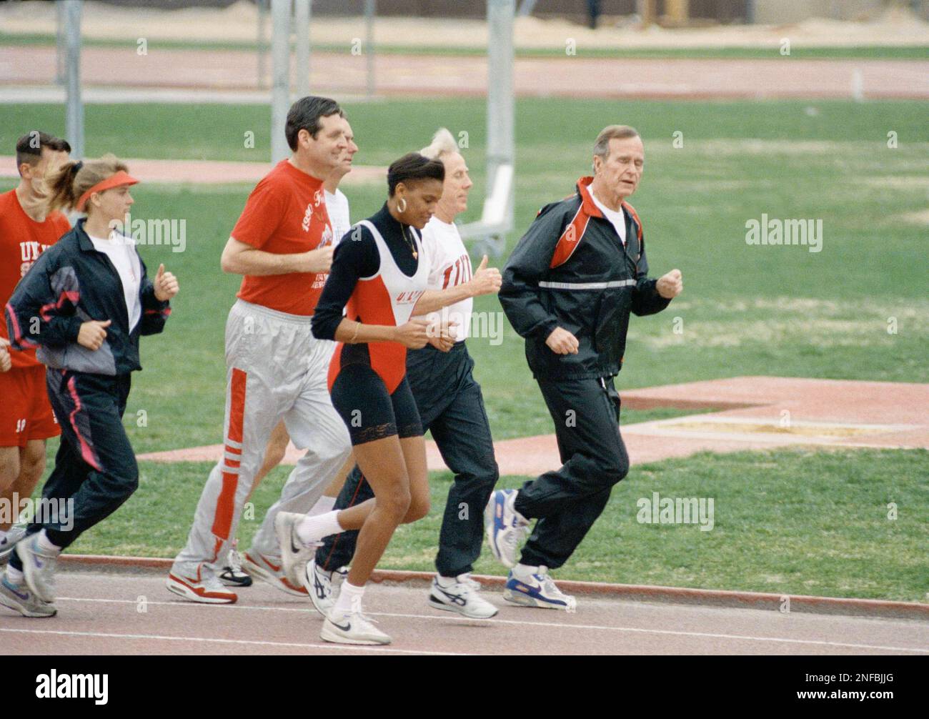 President George Bush jogs around the University of Nevada, Las Vegas ...