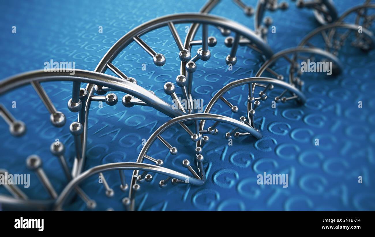 Silver DNA helix on blue backgrounds. 3D illustration Stock Photo - Alamy