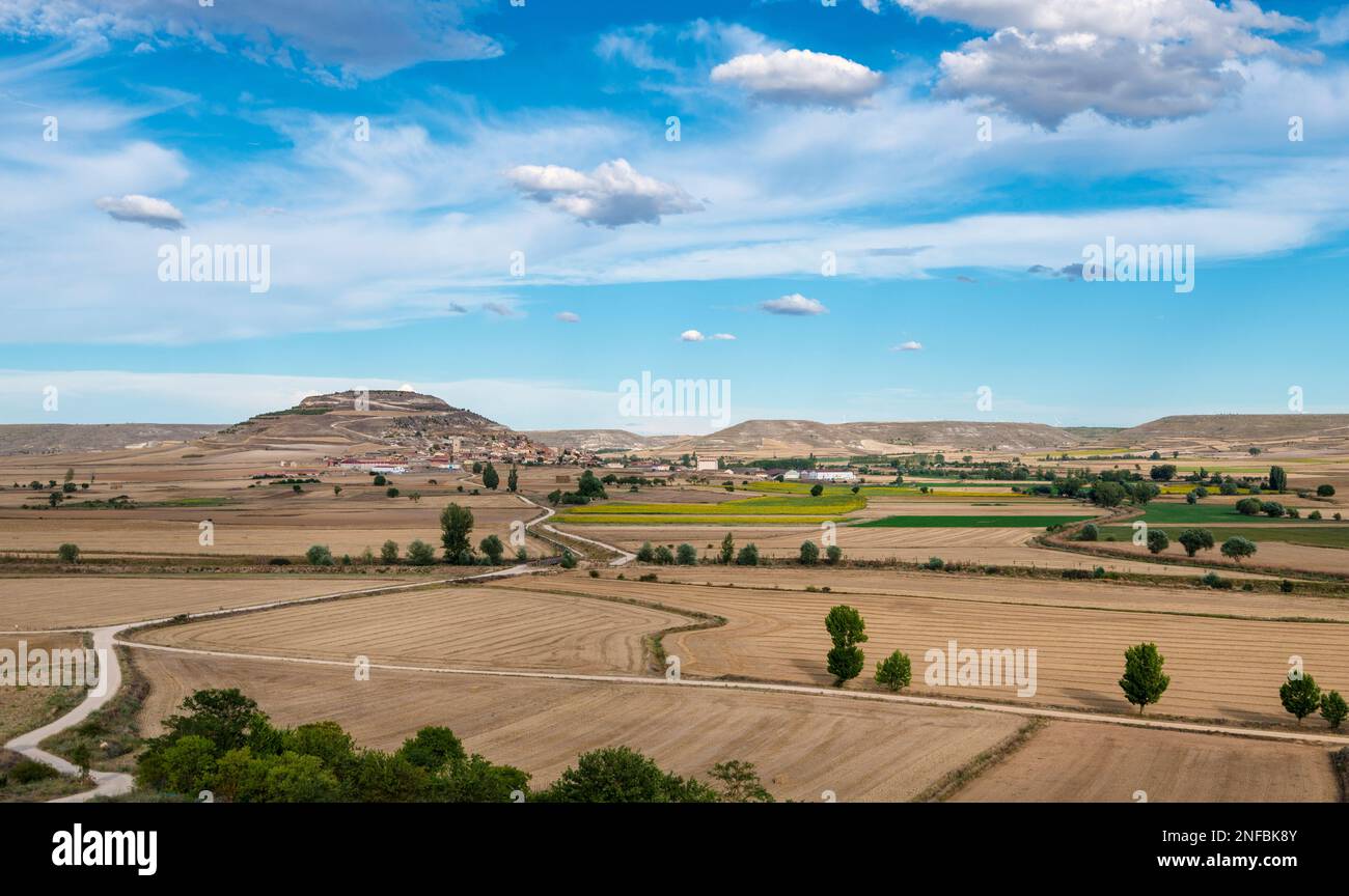 View across beautiful barren landscape towards Castrojeriz, a Spanish ...