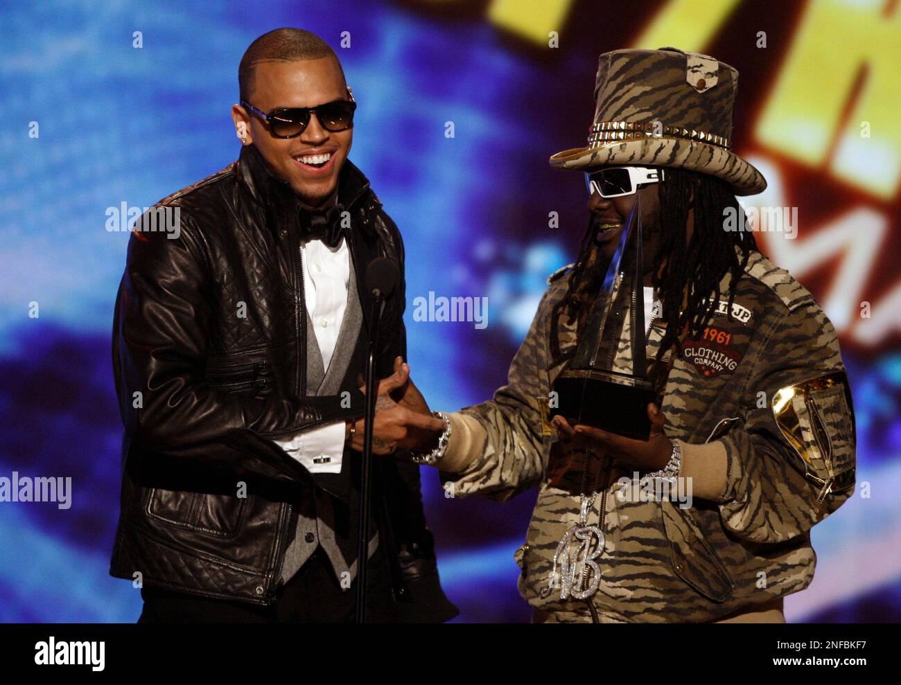 Chris Brown, left, and T-Pain on stage at the American Music Awards in ...
