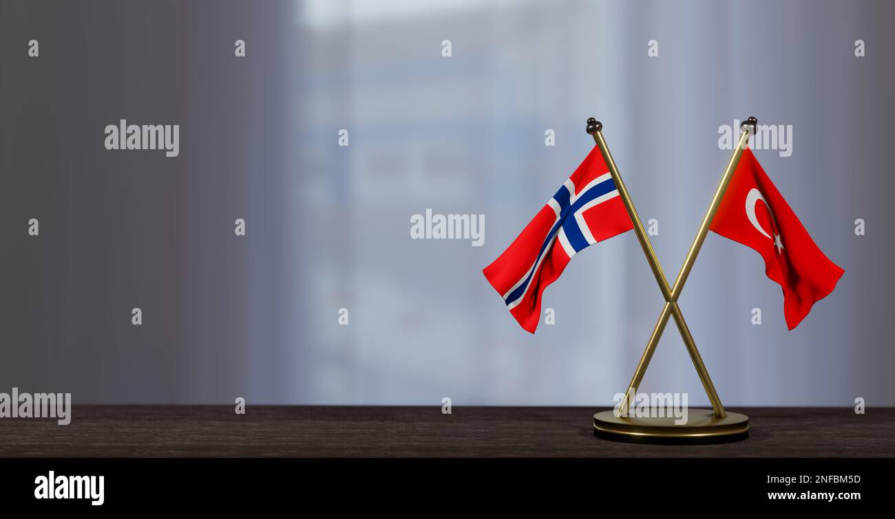 Norway and turkey flags on table. Negotiation between Norway and ...