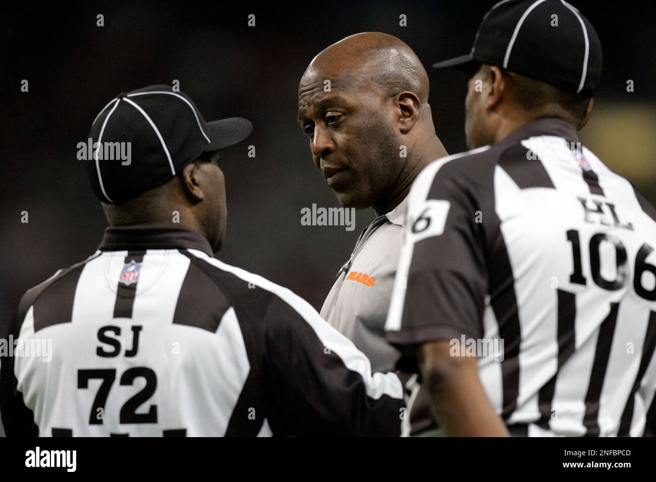 Chicago Bears head coach Lovie Smith talks to referees during the first ...