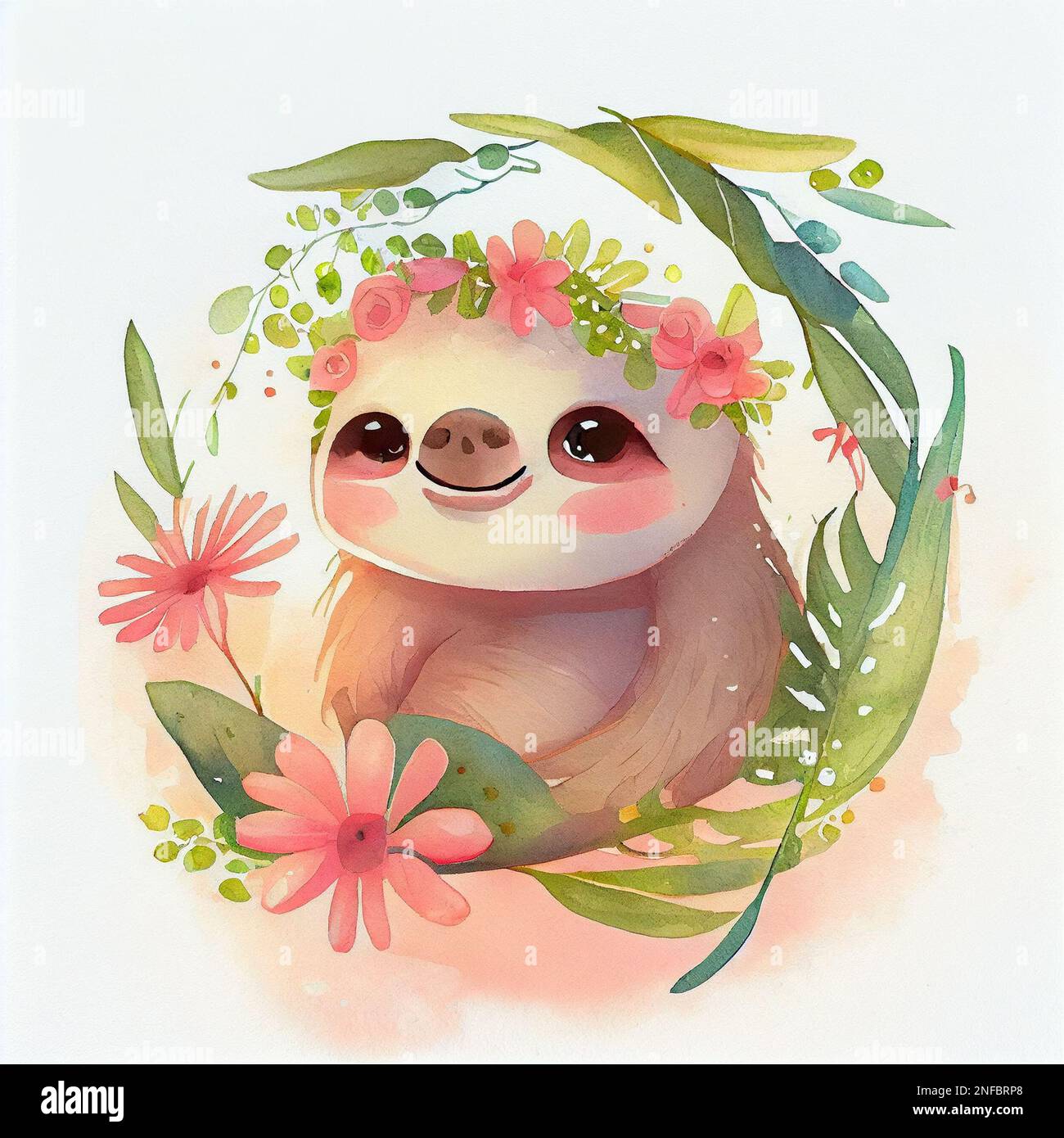 Watercolor illustration charming baby sloth character with flower crown ...
