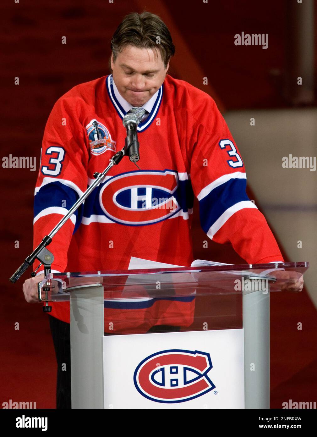 Former Montreal Canadiens goaltender Patrick Roy pauses in his speech ...