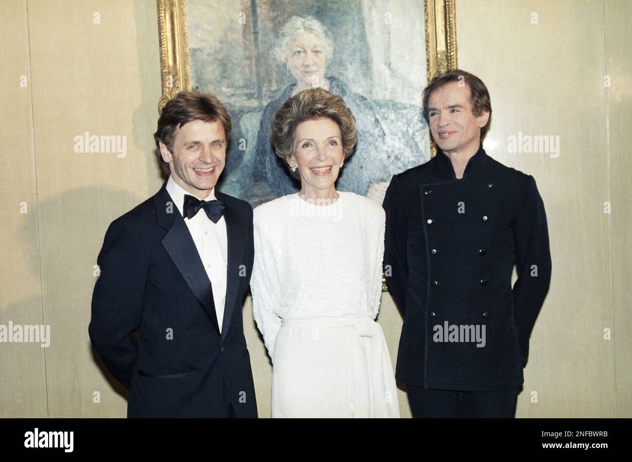 First lady Nancy Reagan visits with dancers Mikhail Baryshnikov, left ...