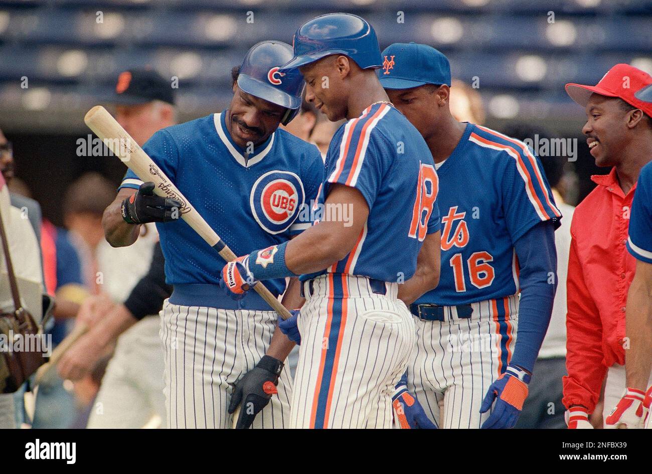 Andre Dawson, left, of the Chicago Cubs checks the bat of Darryl ...