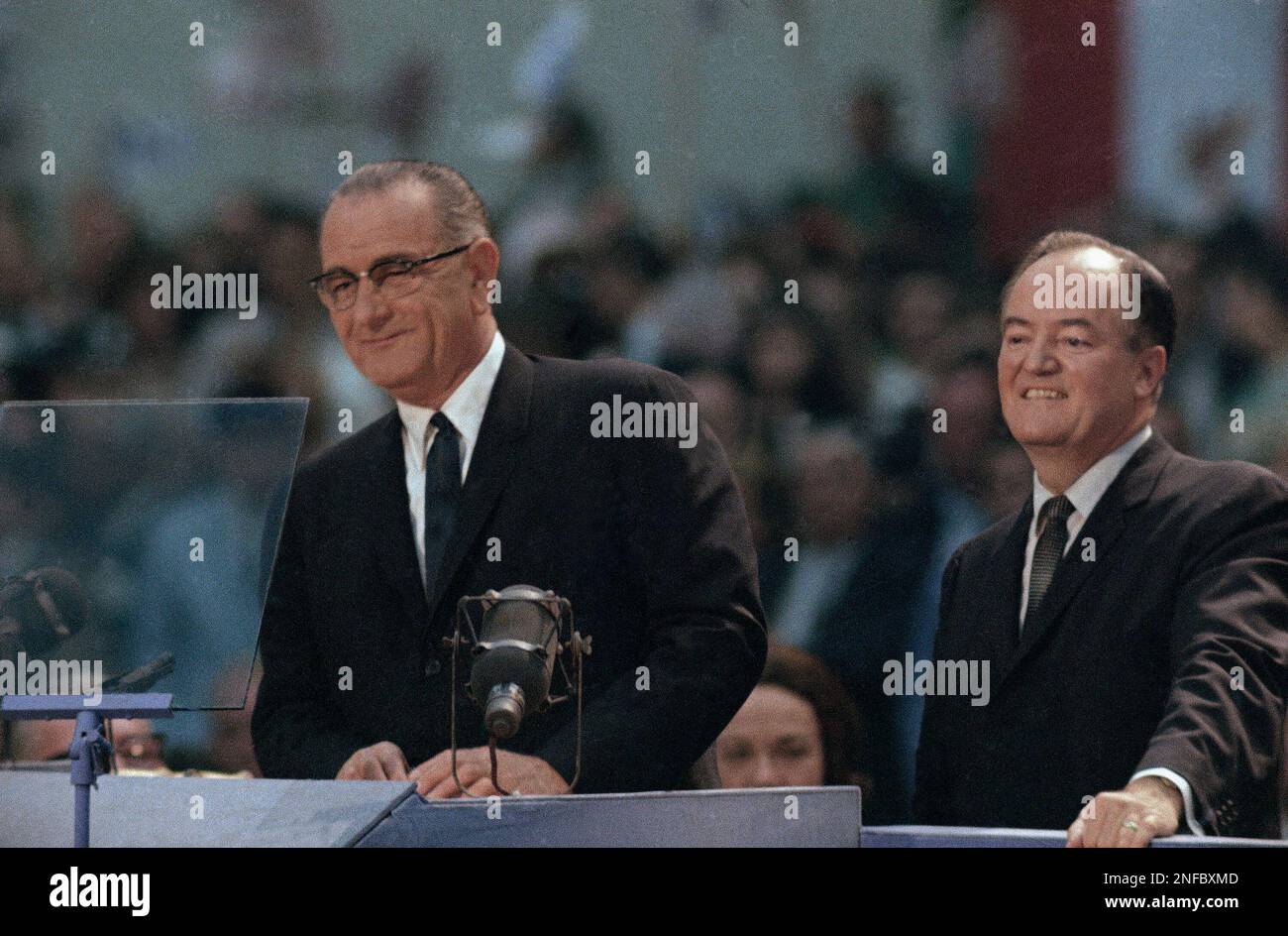 Lyndon B. Johnson, left, shown with Hubert Humphrey at the speakers ...