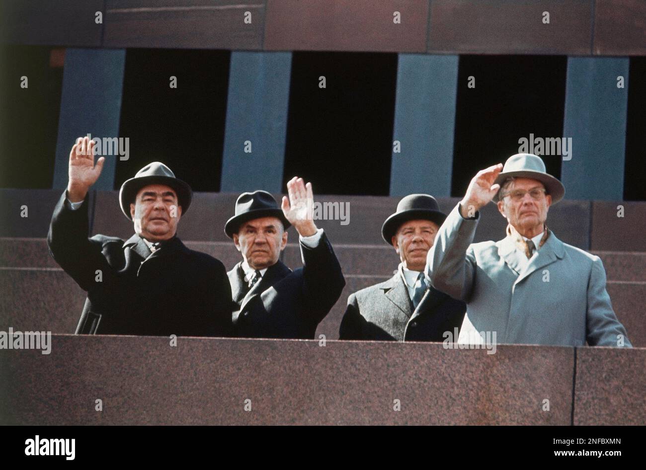 Russian leaders, from left: Leonid Brezhnev, Alexei Kosygin, Nikolai Podgorny and Mikhail Suslov ...
