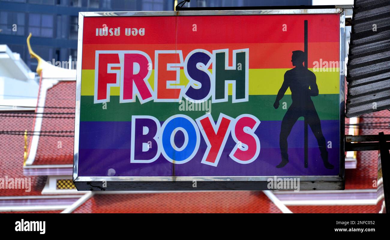 Exterior sign or notice saying: 'FRESH BOYS' in capital letters in Patpong, Silom, Bangkok ...