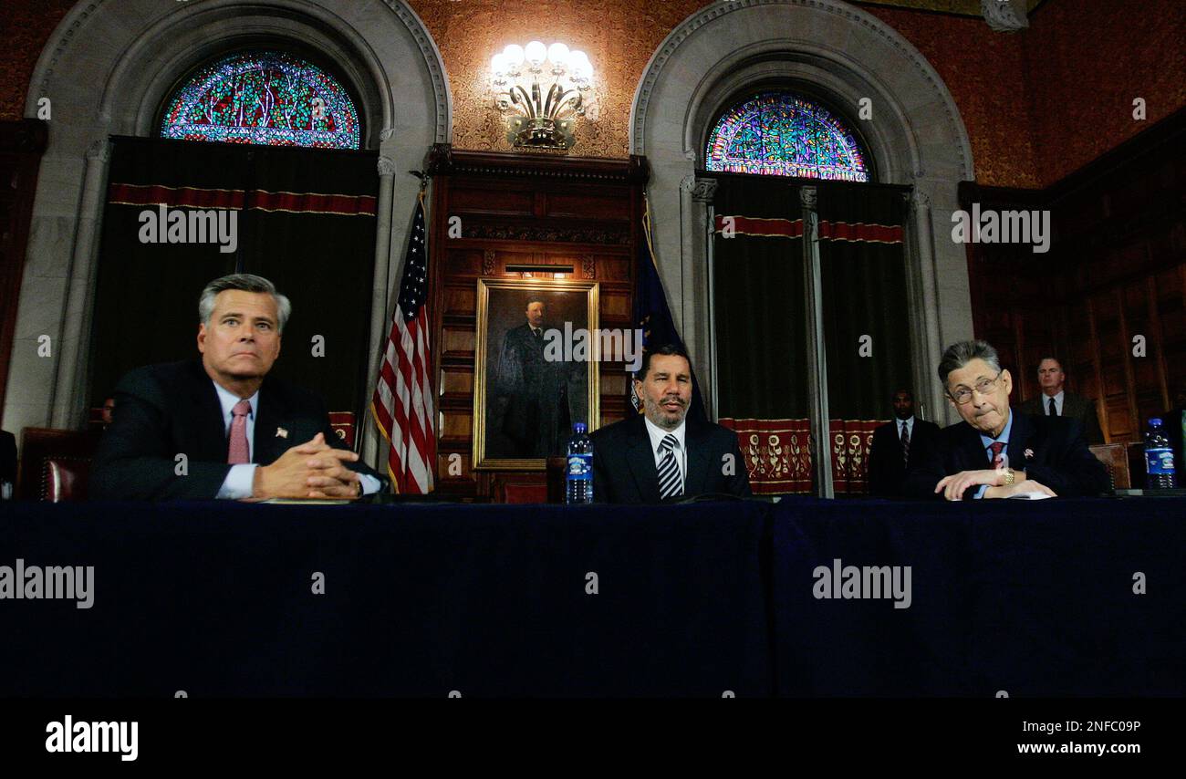 Senate Majority Leader Dean Skelos, left, Gov. David Paterson, center ...