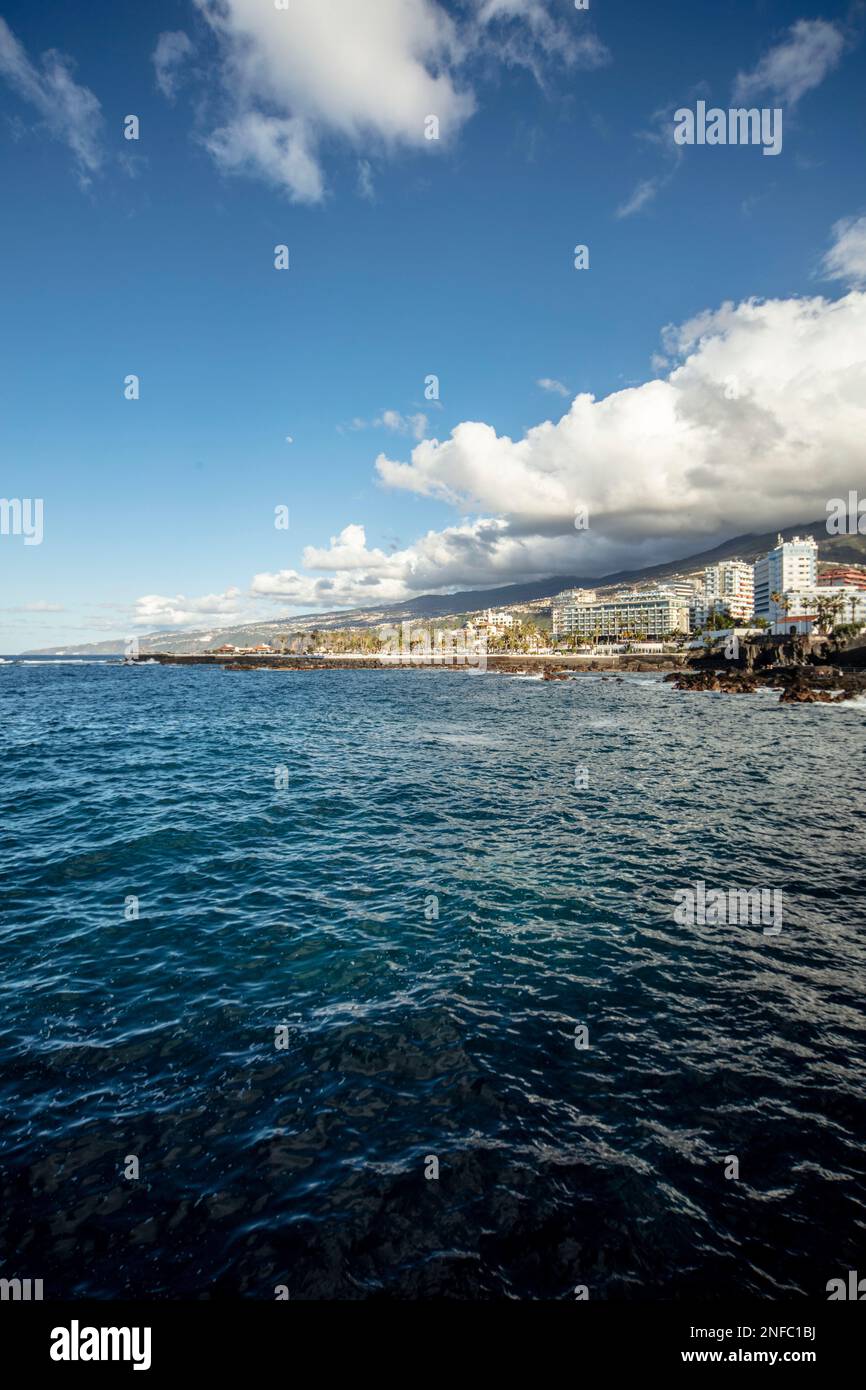 Warm sunshine palliative view from Puerto de la Cruz harbour across the ...