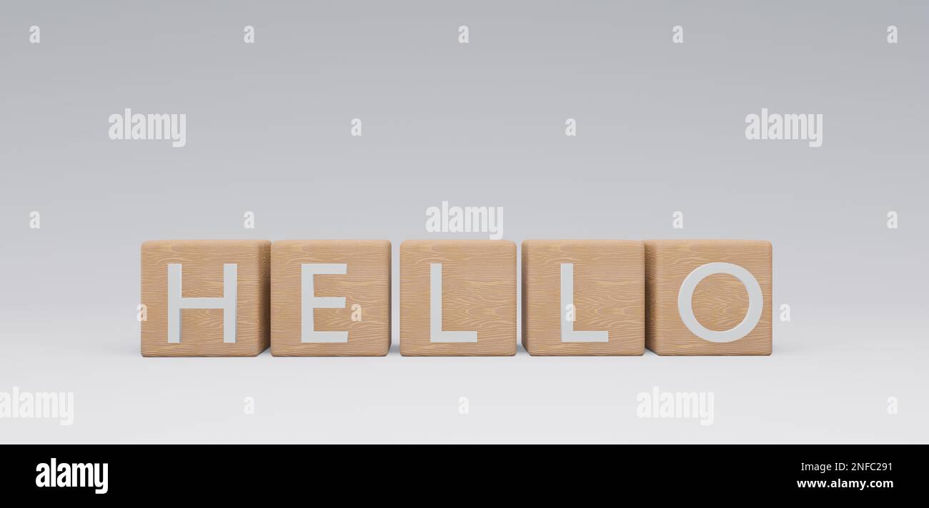 Wooden Cubes Hello, Cubes with text Hello. 3D work and 3D image Stock ...