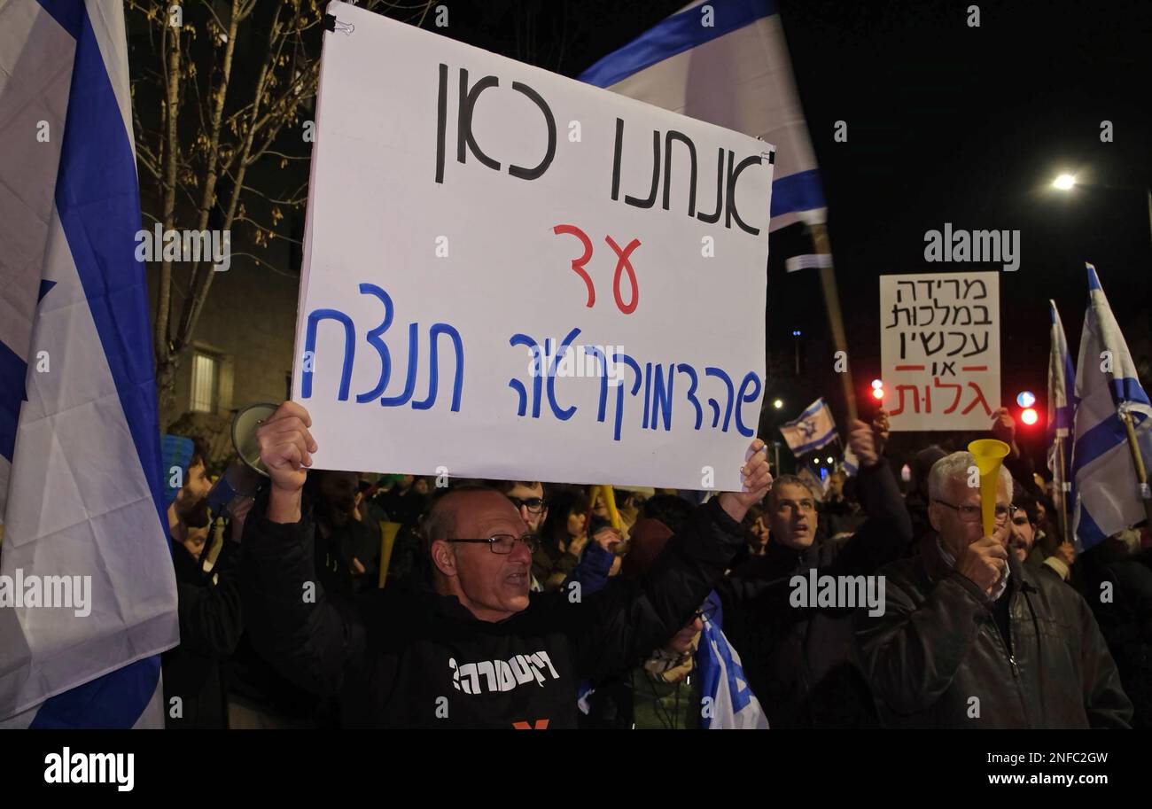 JERUSALEM, ISRAEL - FEBRUARY 16: Anti-government protesters hold up ...