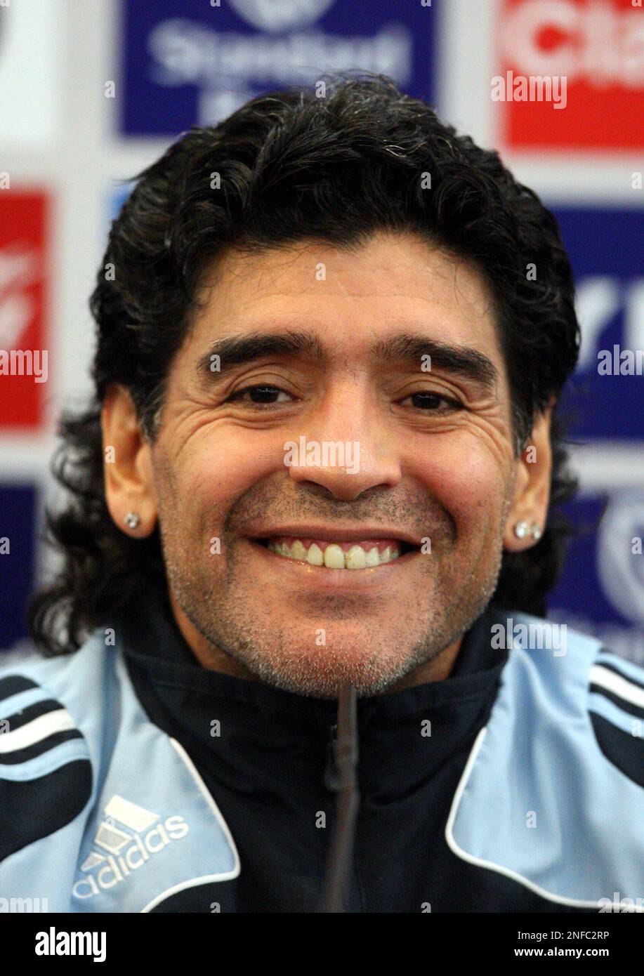 Argentina's coach Diego Maradona talks to the media during a press conference in Glasgow ...