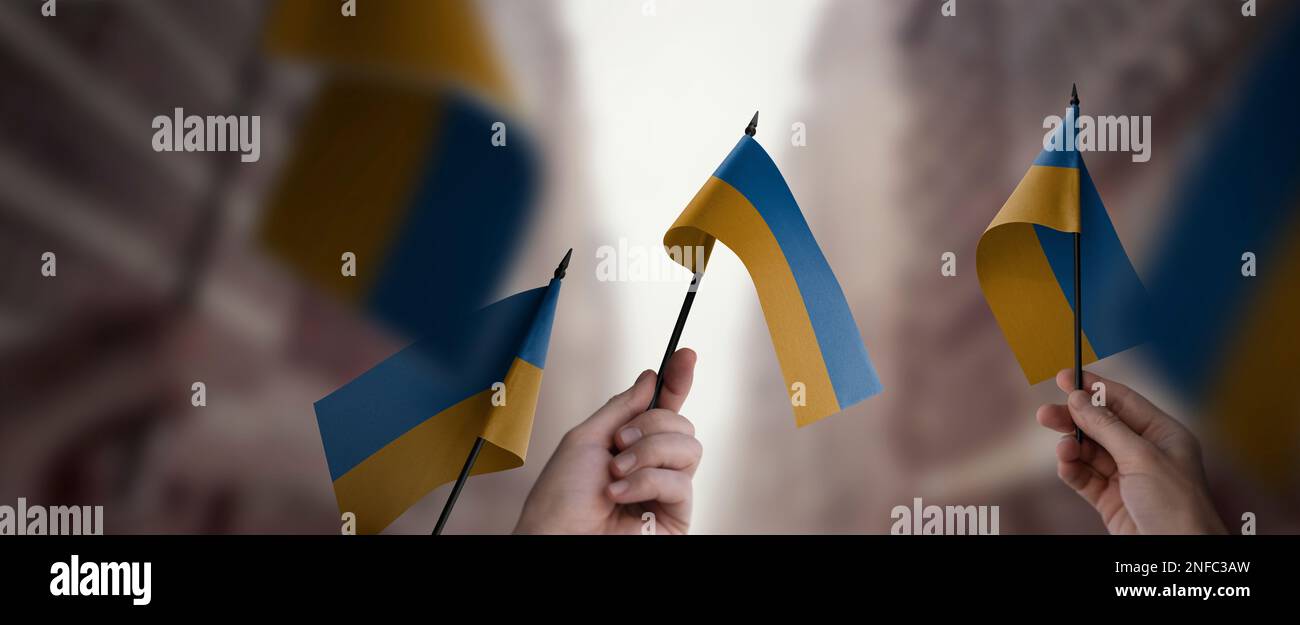 A group of people holding small flags of the Ukraine in their hands ...