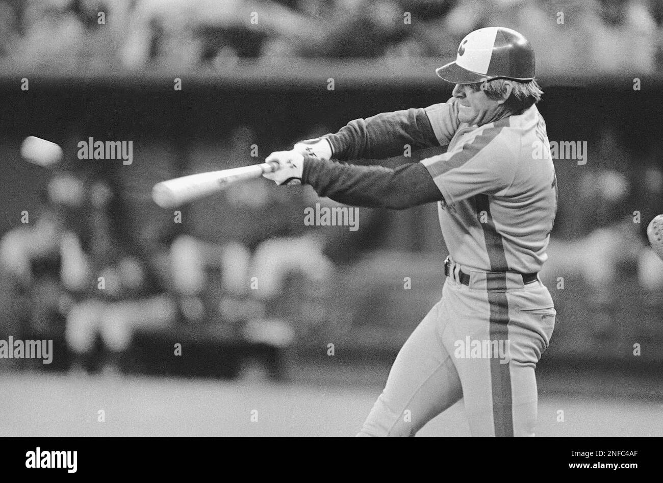 Montreal Expos' Pete Rose watches hit number 3,998 leave his bat in the ...