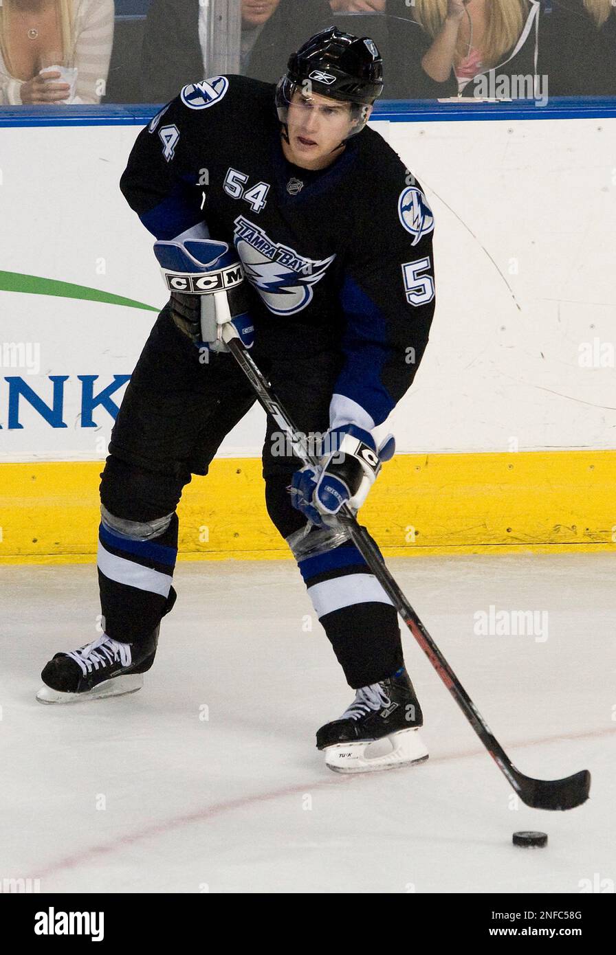 Tampa Bay Lightning defenseman Paul Ranger looks to pass against the ...