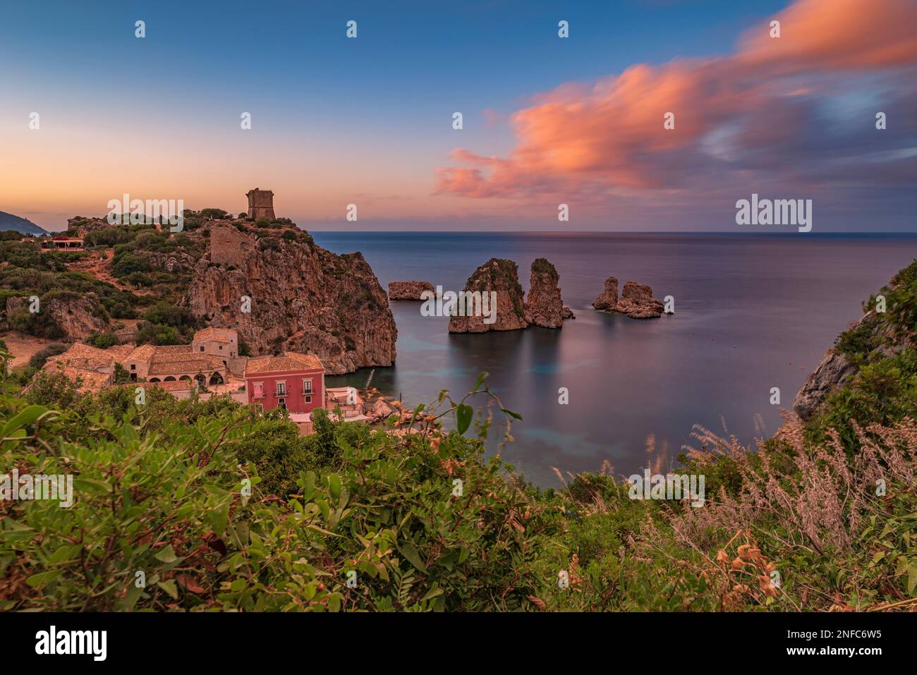 View of the ancient tuna fishery of Scopello at dusk, Sicily Stock ...
