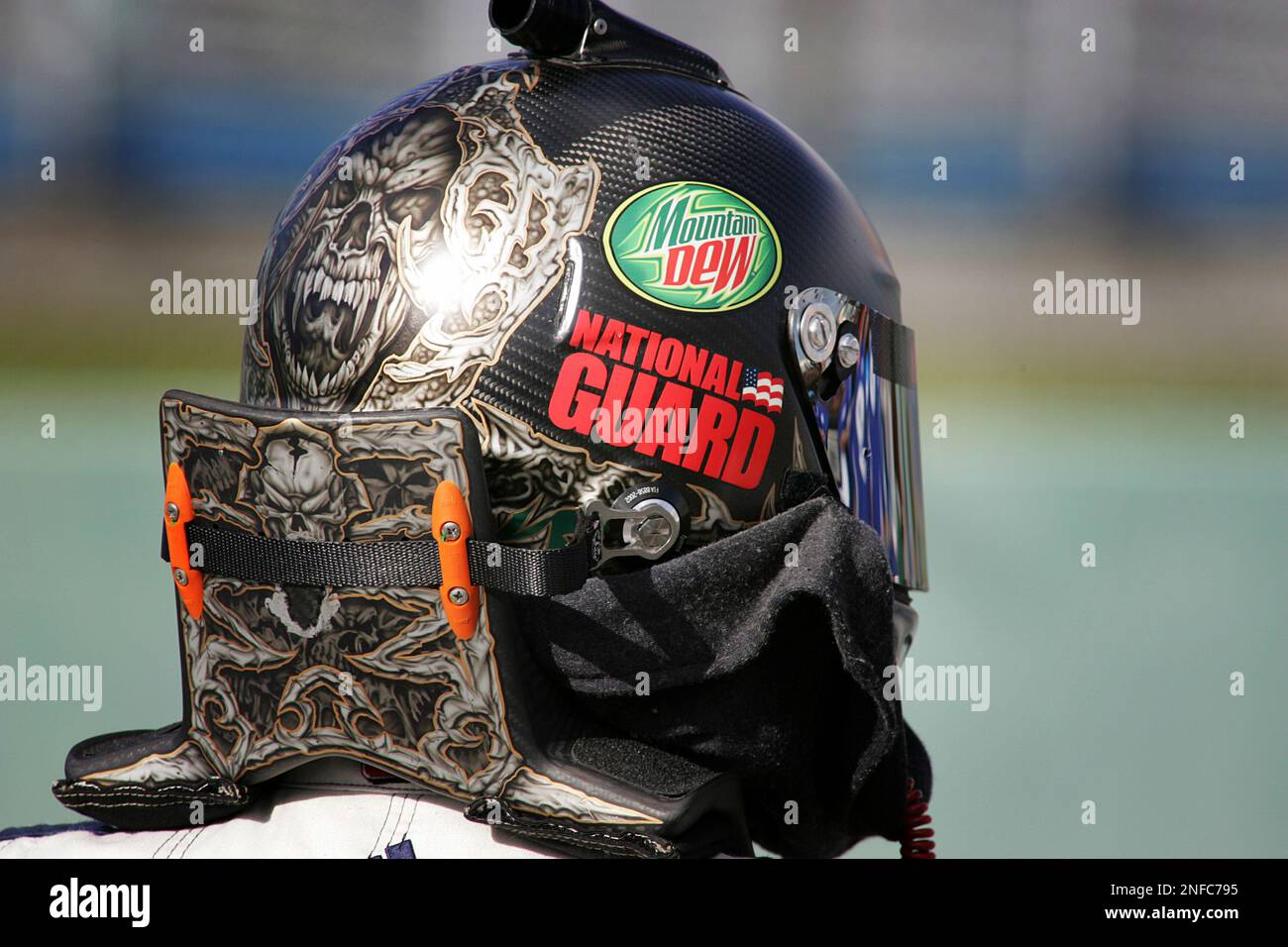 Skull artwork is painted on the back of NASCAR driver Dale Earnhardt Jr ...