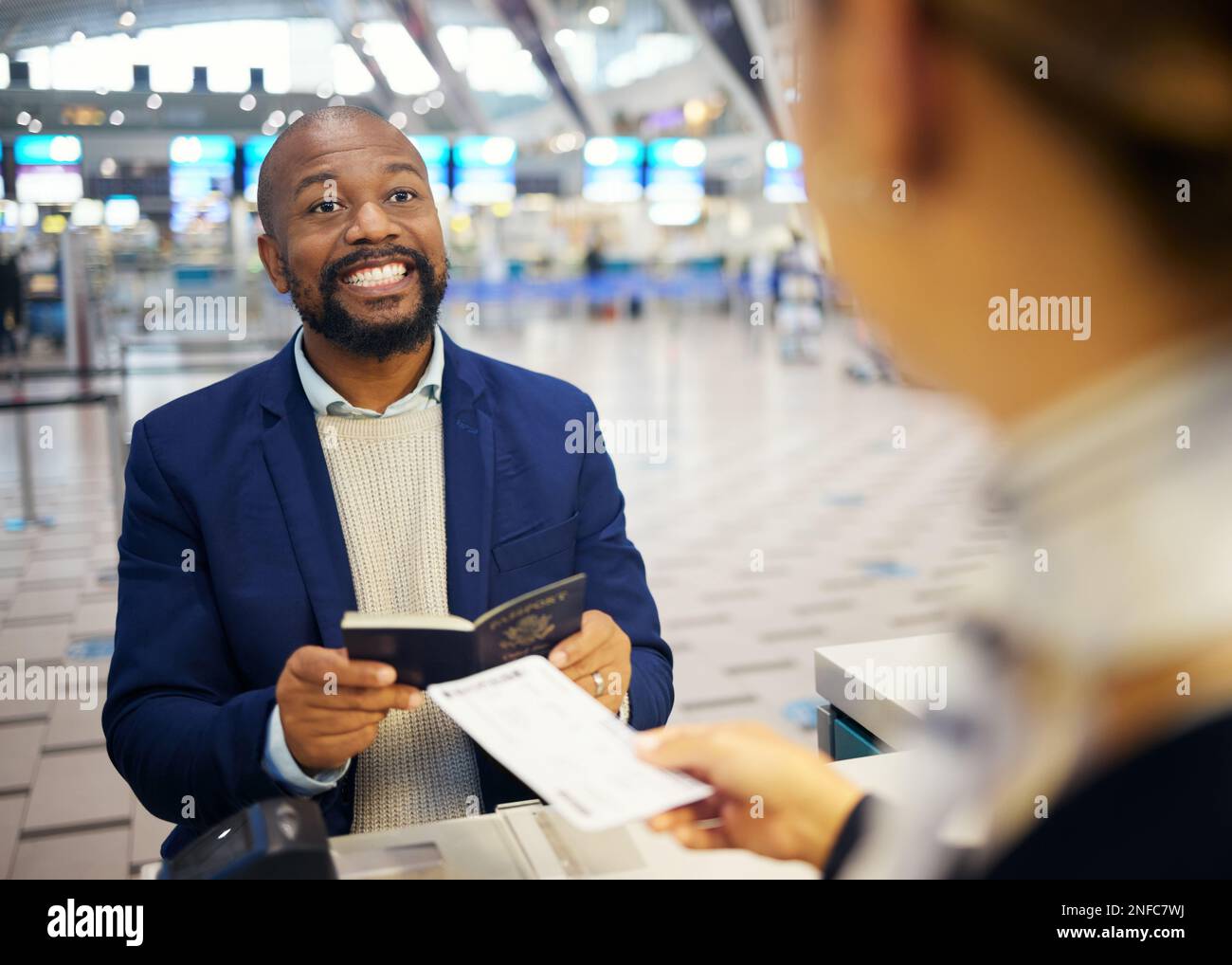 Airport, ticket booking and black man smile for customer services desk ...