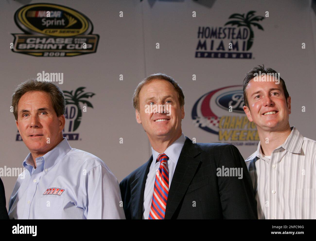 Former NASCAR auto racing champions pose Thursday, Nov. 13, 2008 during ...