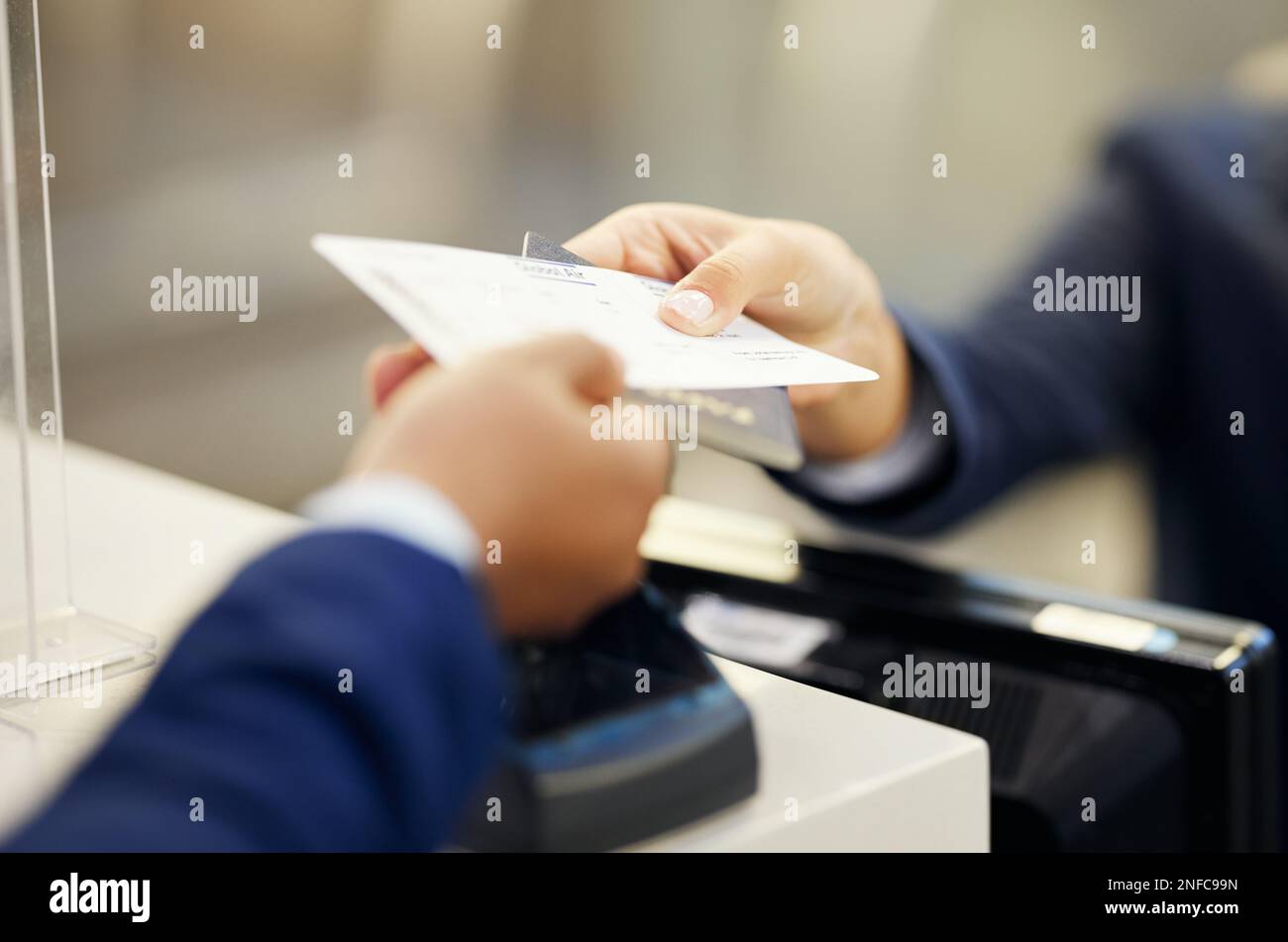 Hands, airport and service agent with ticket, passport or documents to ...