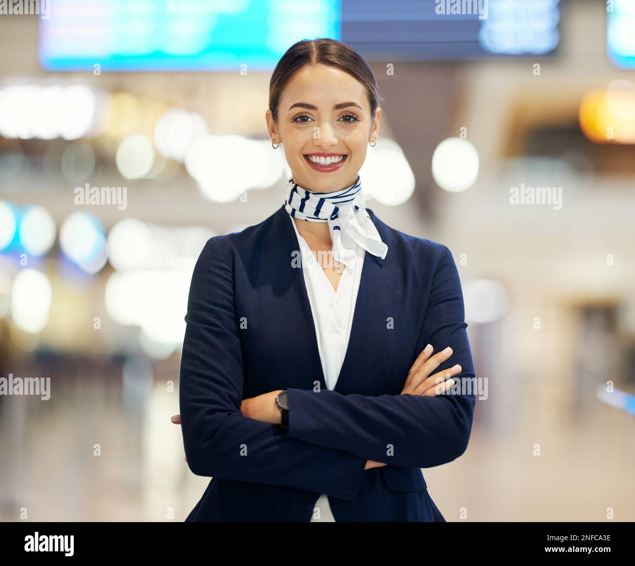 Woman, airport and passenger assistant with arms crossed standing ready ...