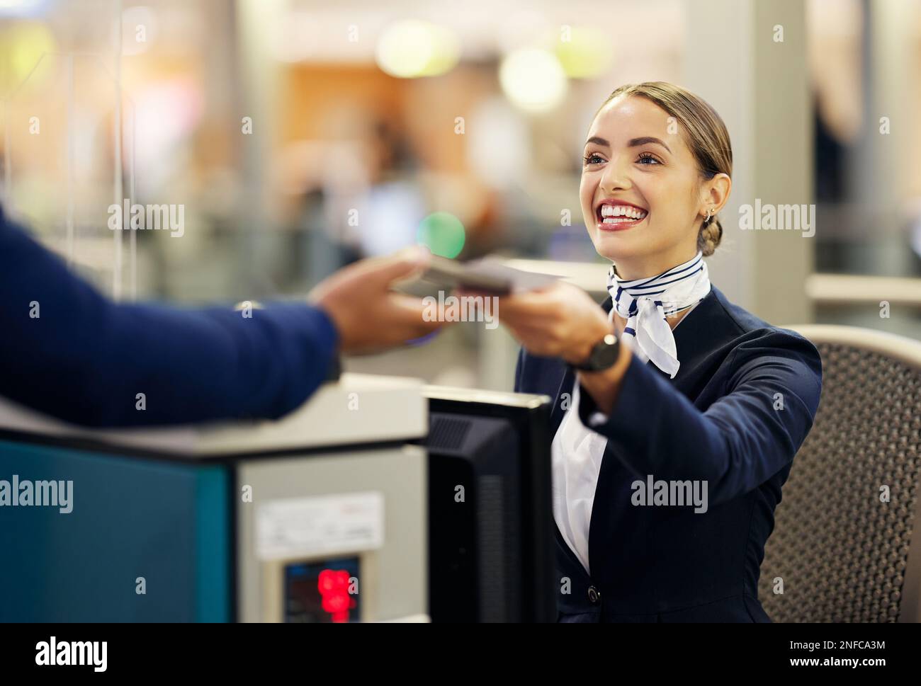 Woman Airport And Passenger Assistant With Passport Helping Traveler
