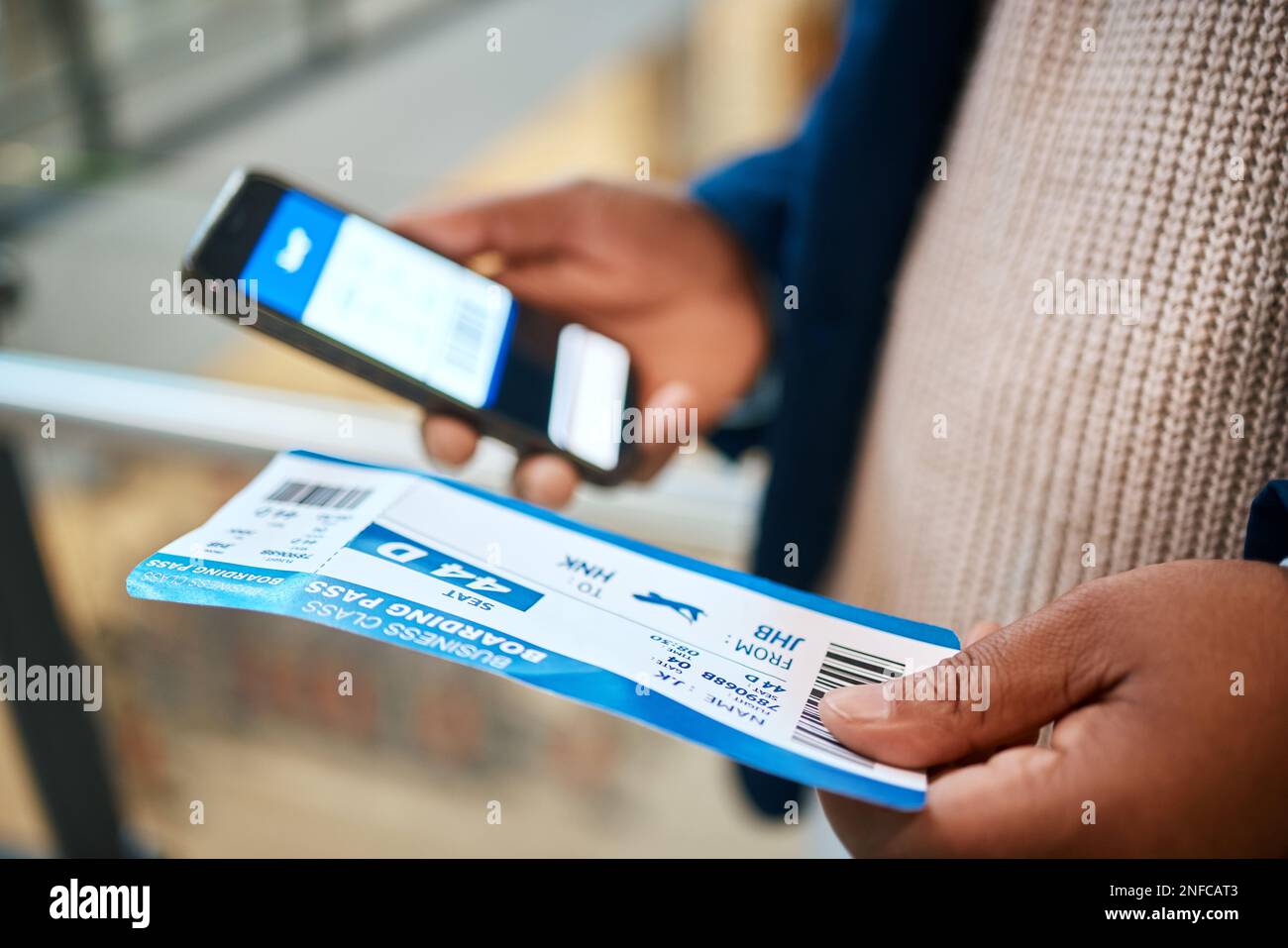 Plane ticket, flight check and black man hands holding airplane paper ...