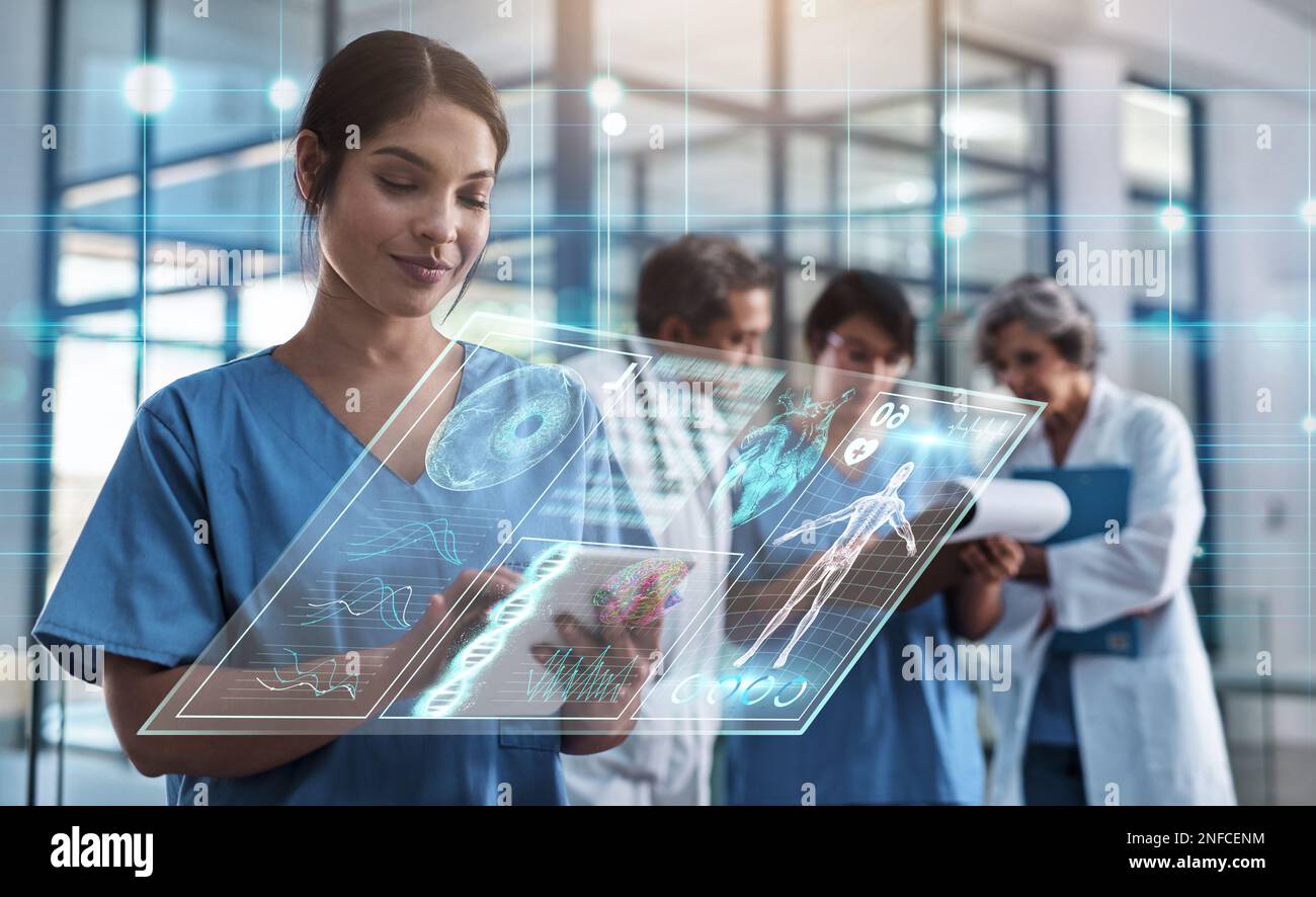 Doctor, woman and tablet in hospital with holographic ux for telehealth ...