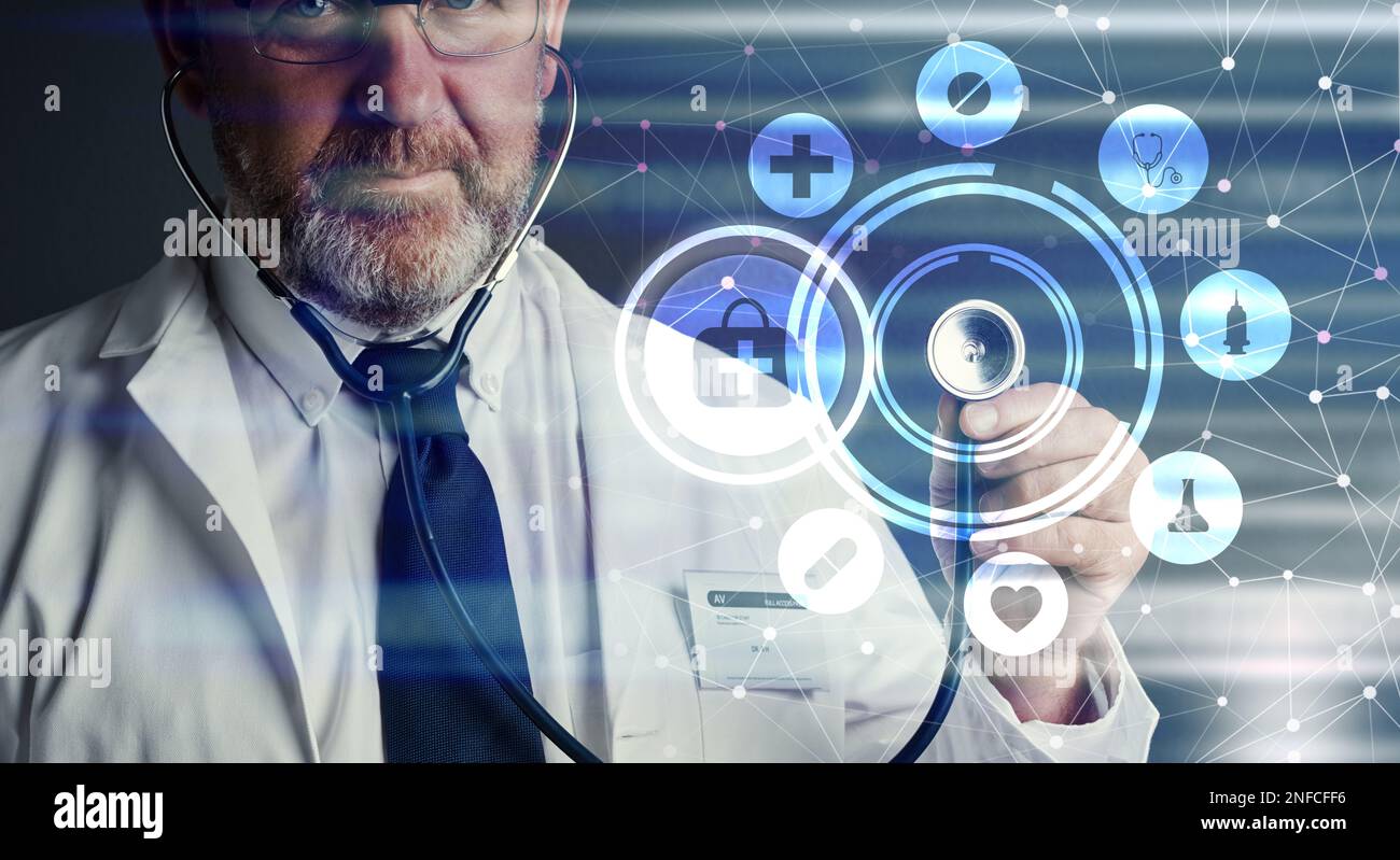 Senior doctor, stethoscope or futuristic 3d hologram overlay for ...