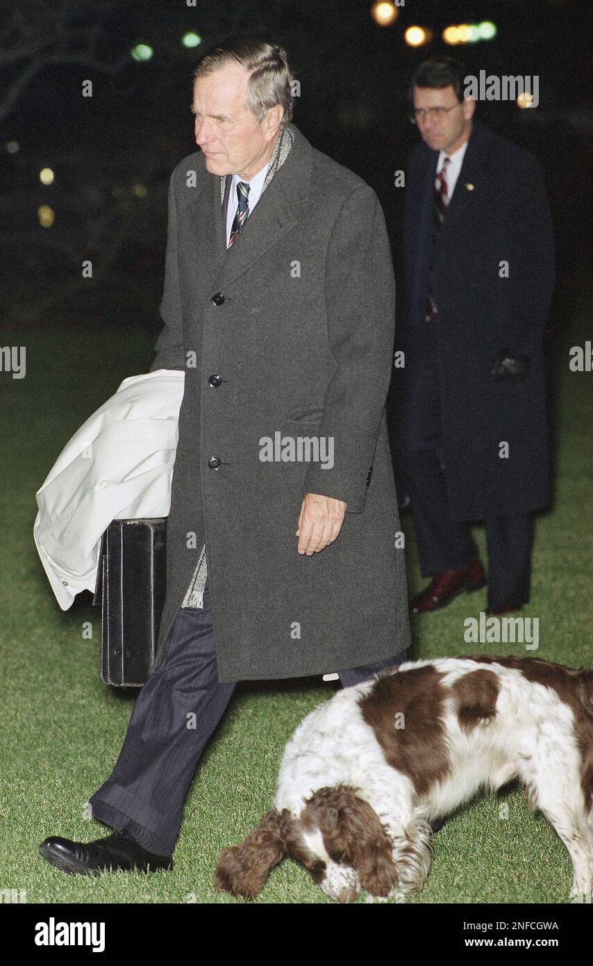 President George Bush is greeted by his dog Ranger at the White House ...