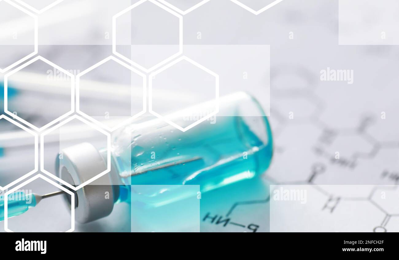 small jars with injection and syringe for injection on blue background ...