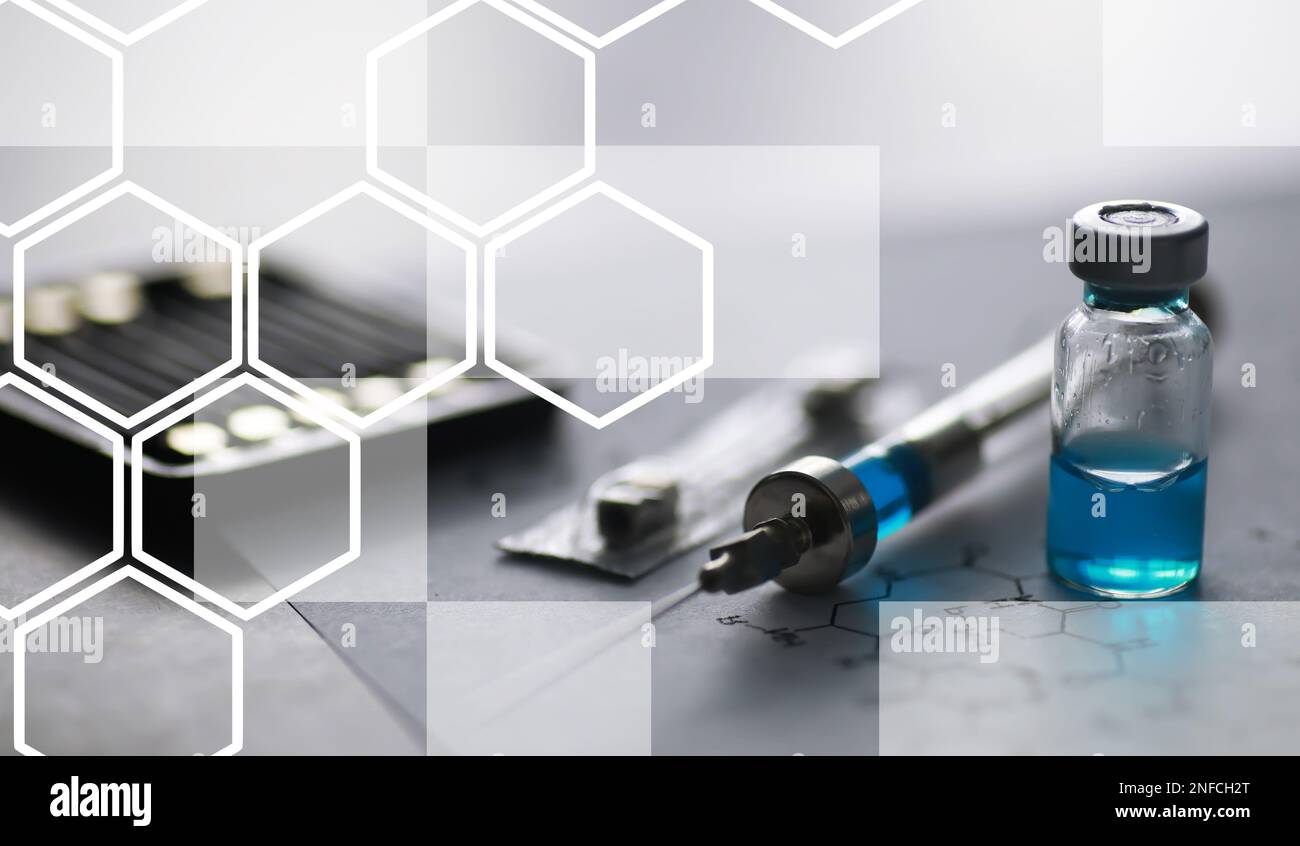 small jars with injection and syringe for injection on blue background ...