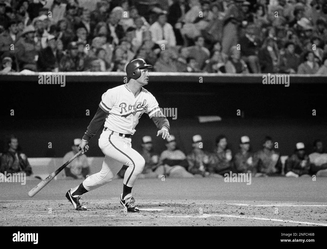 Kansas City Royals batter George Brett watches his second home run of ...