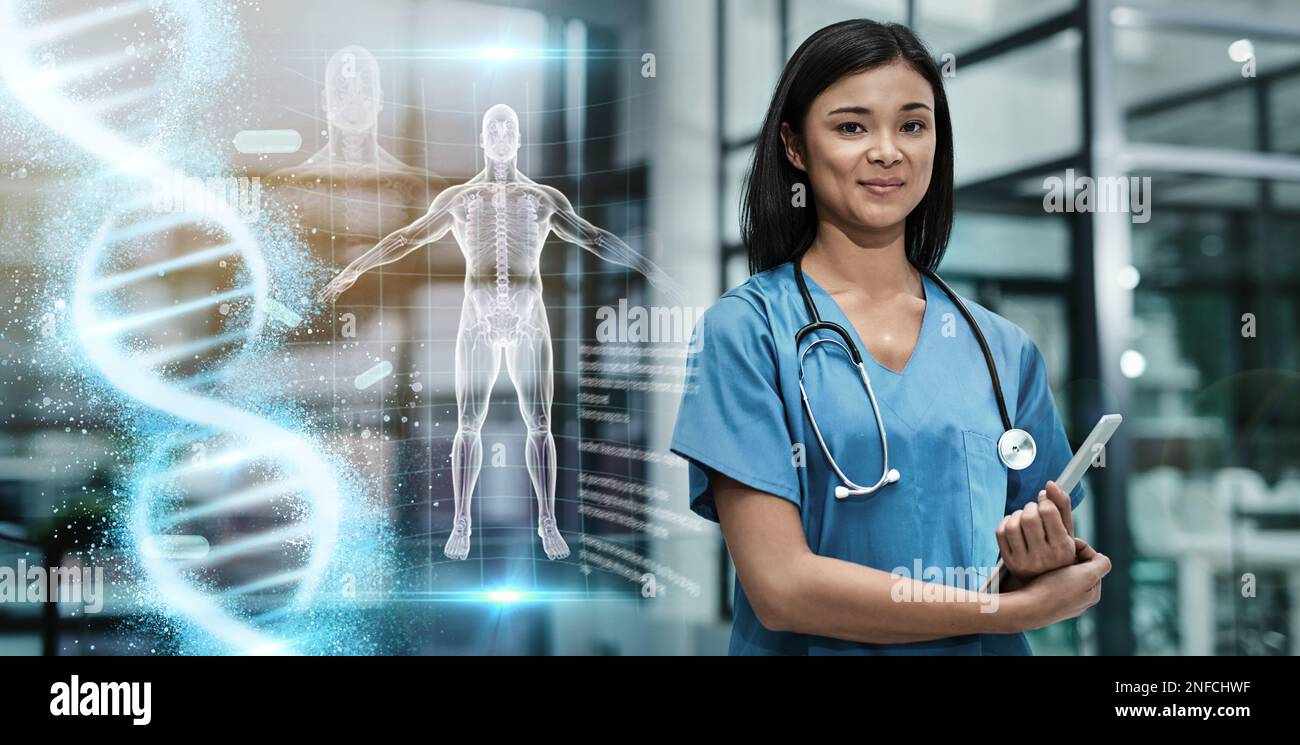 Healthcare, doctor woman portrait and body hologram overlay for health ...