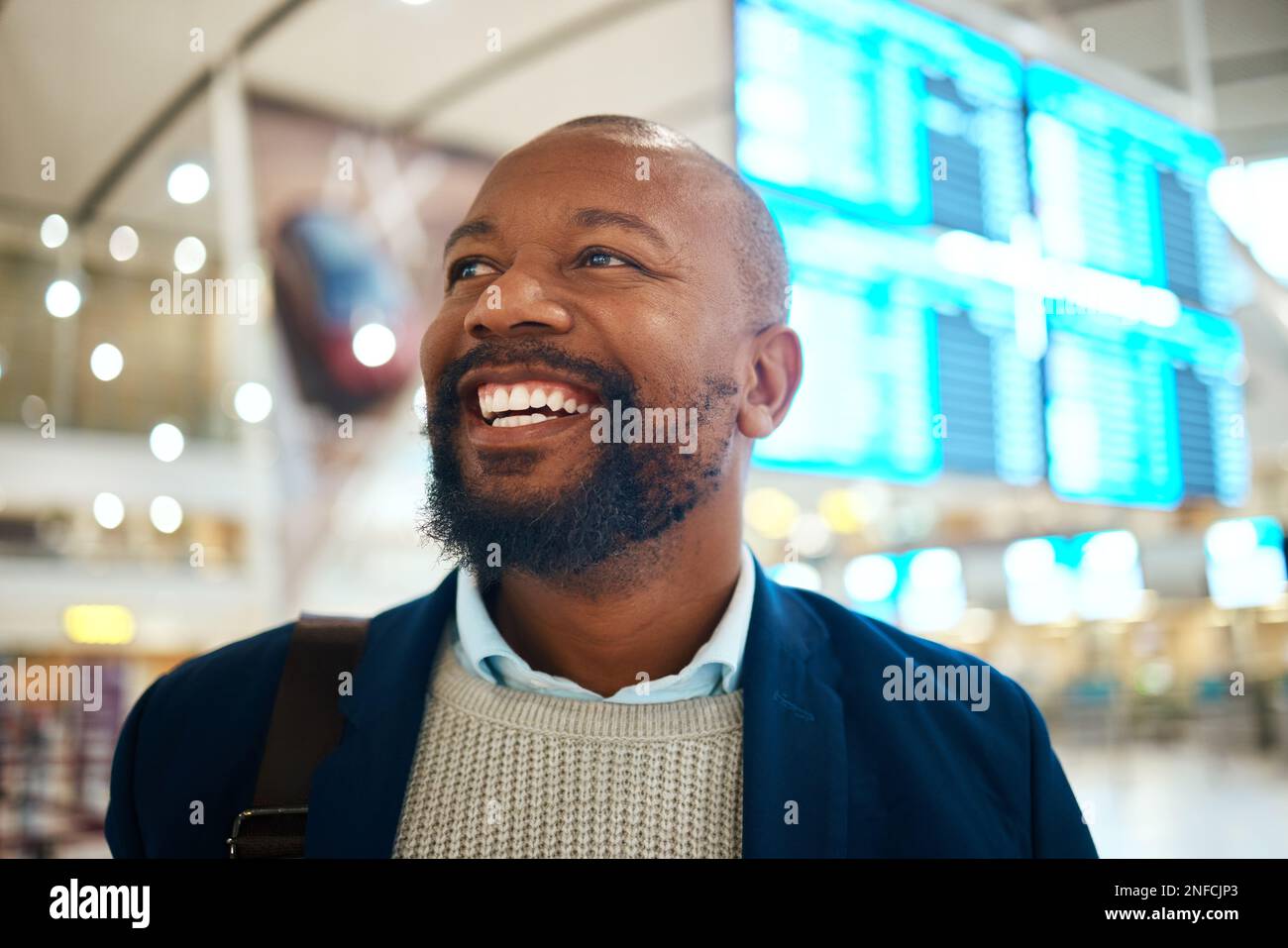 Travel, smile and happy black man in airport for international ...