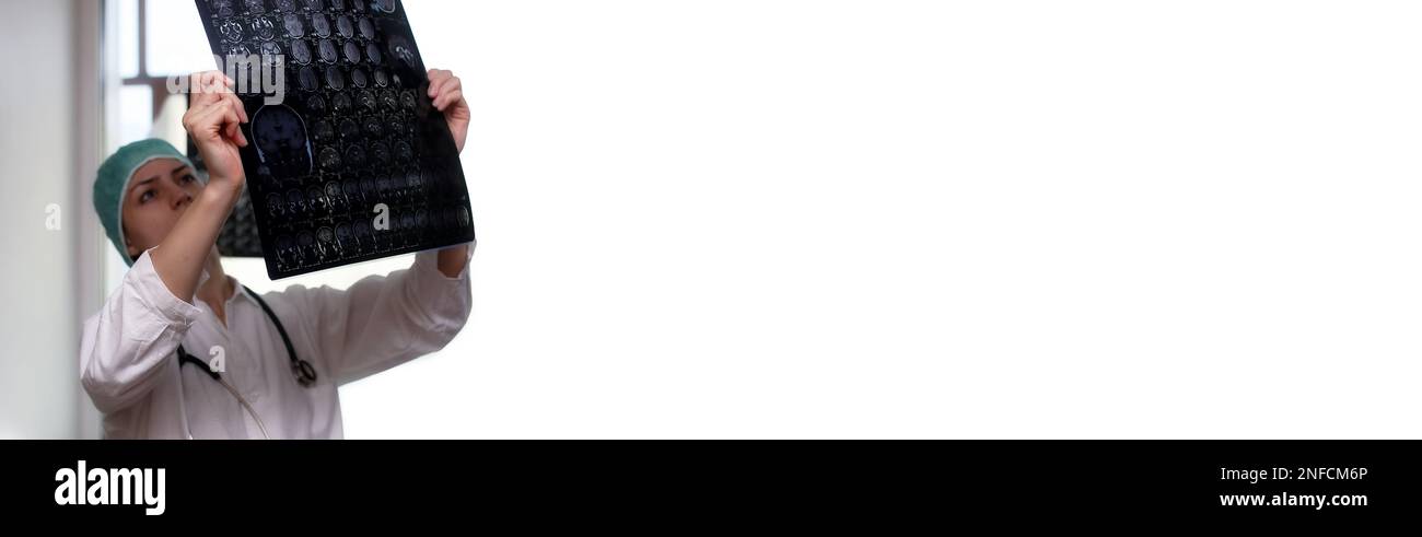 isolated poster with doctor holding a picture of a brain MRI workflow ...