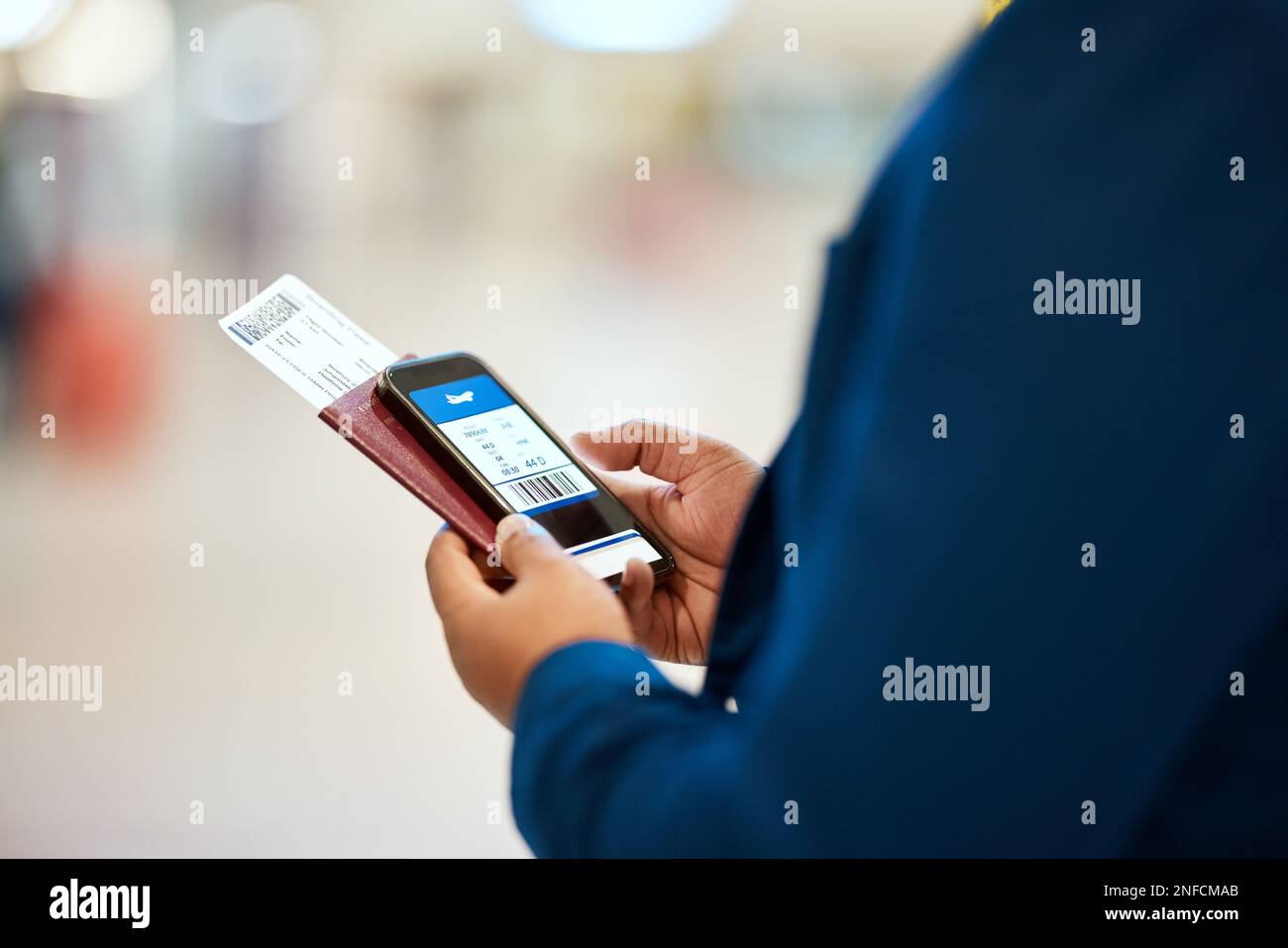 Qr code, check in and man with a phone for a ticket, airplane booking ...