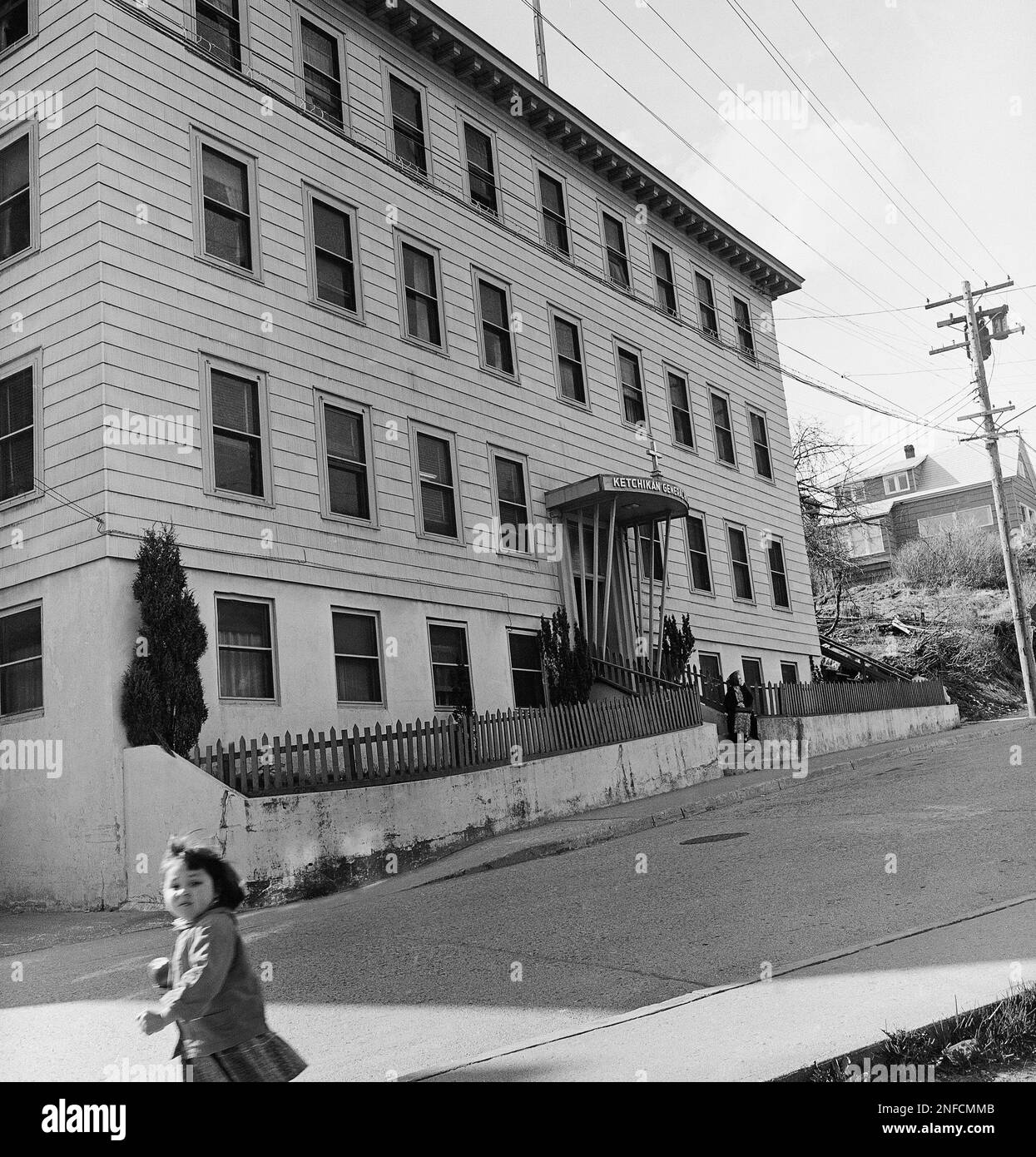 Photo shows a view of Ketchikan General Hospital, a 4-story frame ...