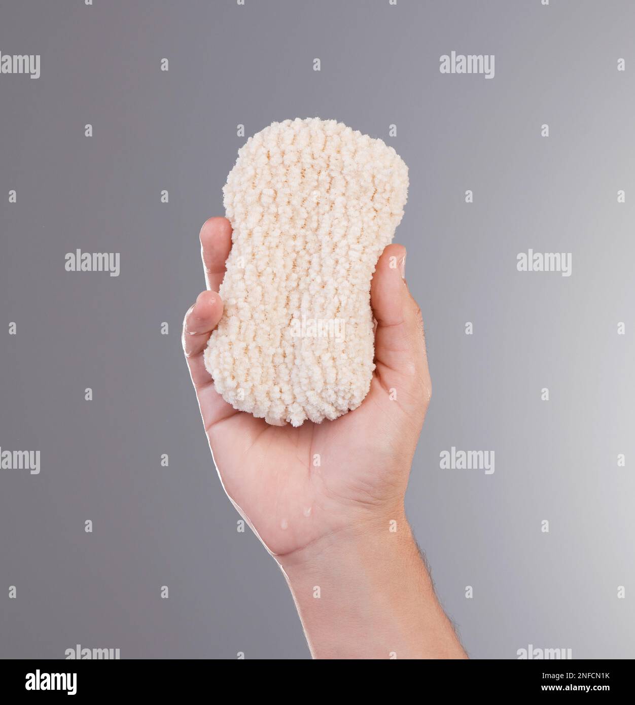 Shower, grooming and hands with a loofah for hygiene isolated on a grey ...