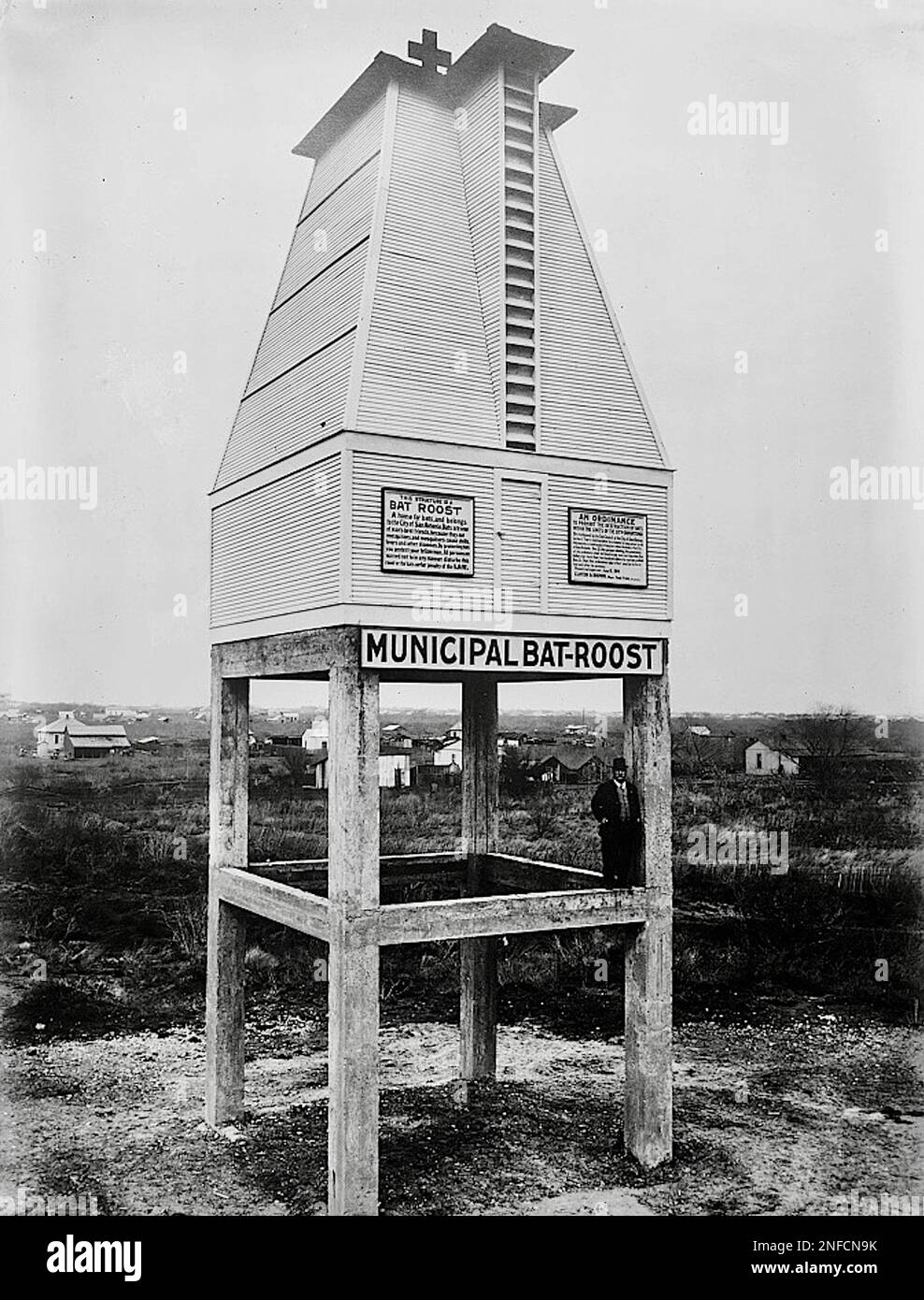 Bat roost in San Antonio with a sign: "A home for bats and belongs to ...