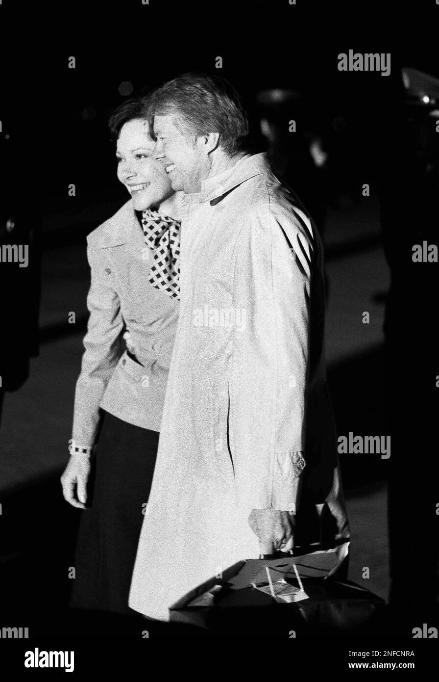 President Jimmy Carter hugs first lady Rosalynn Carter after he ...