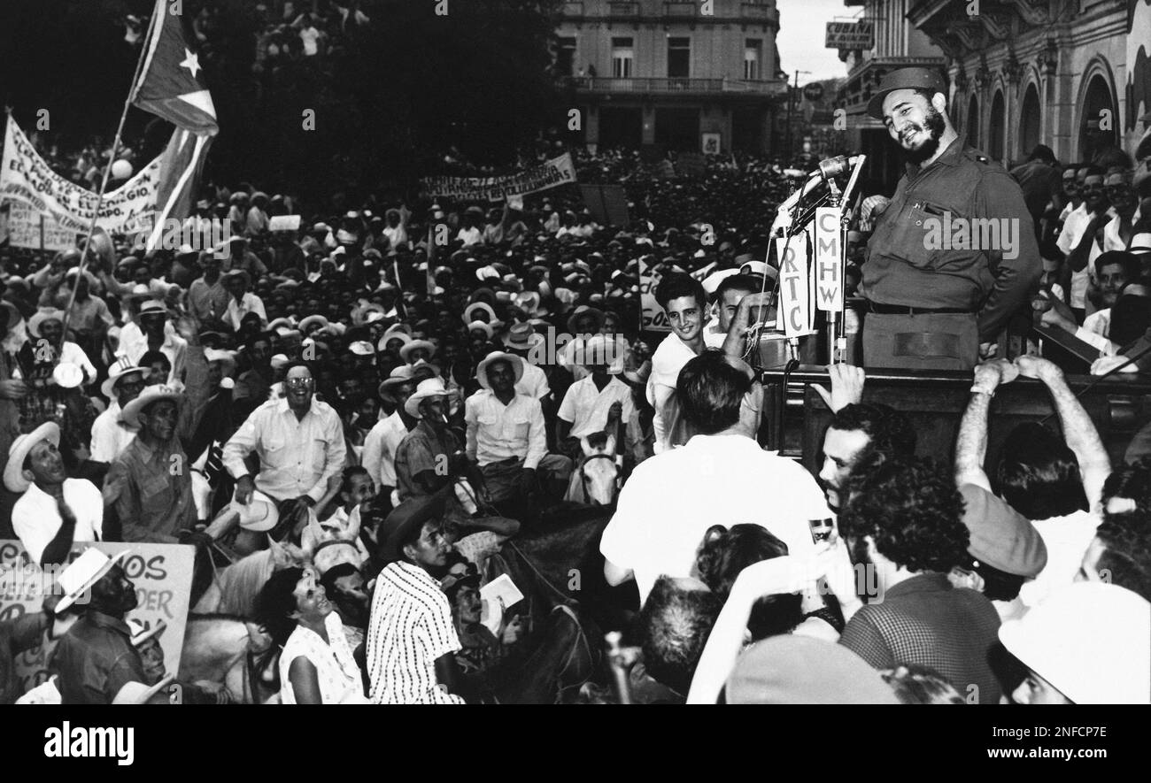Cuban Premier Fidel Castro speaks at a rally to half a million ...