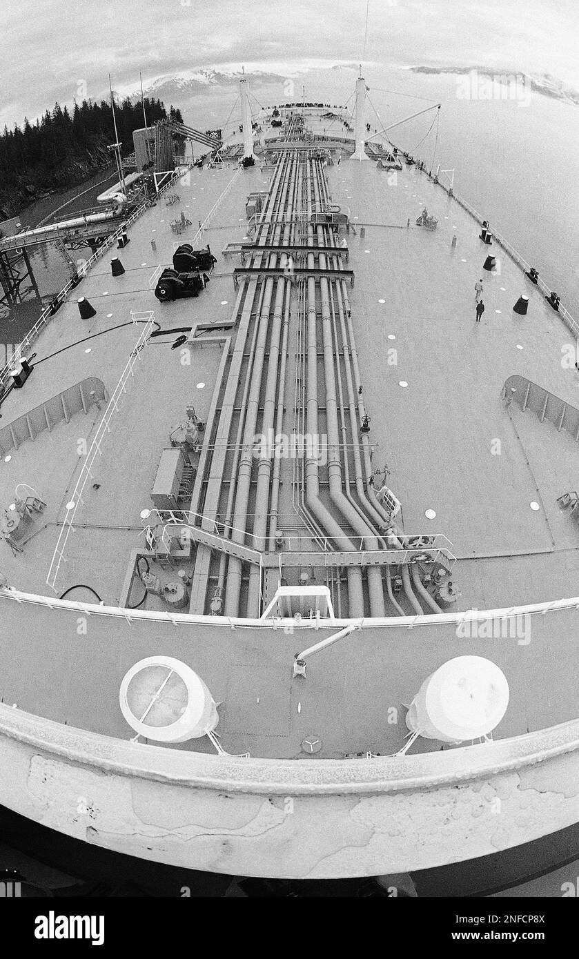 This general view of the tanker ARCO Juneau shows pipes at left that ...