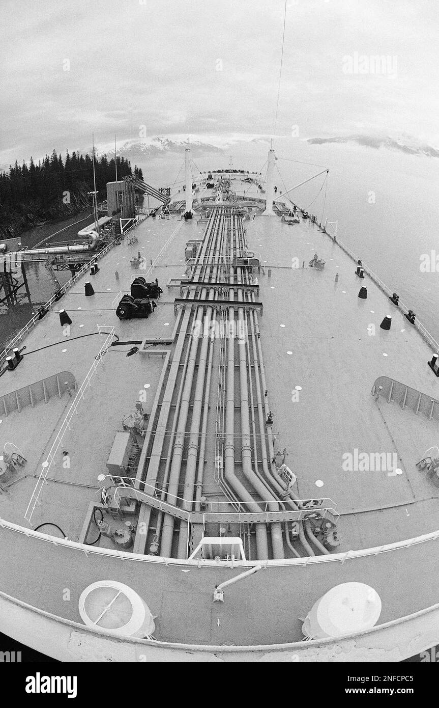 This general view of the tanker ARCO Juneau shows pipes at left that ...